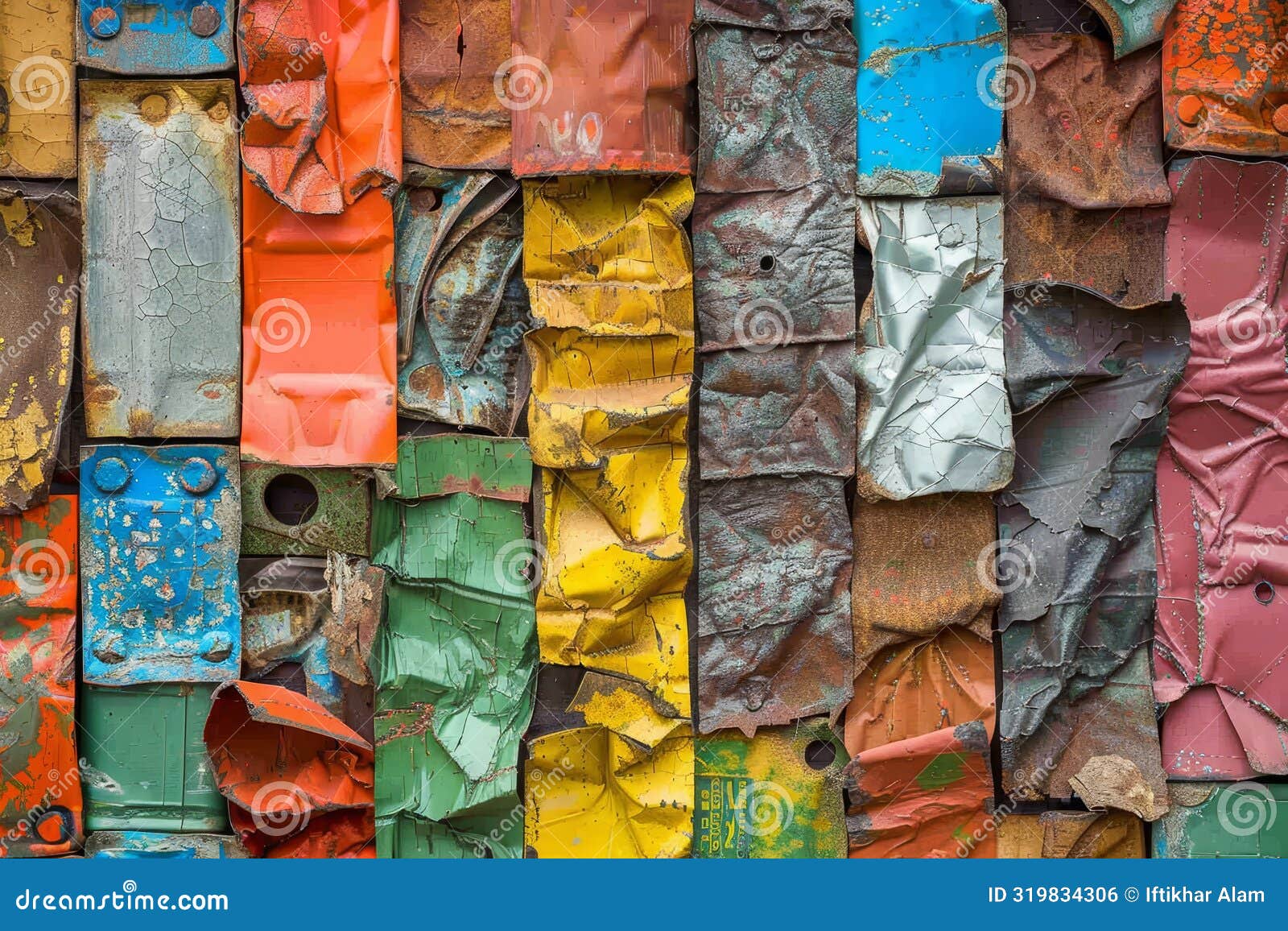 Collection of Weathered Tin Cans Covering a Wall in Various Colors ...
