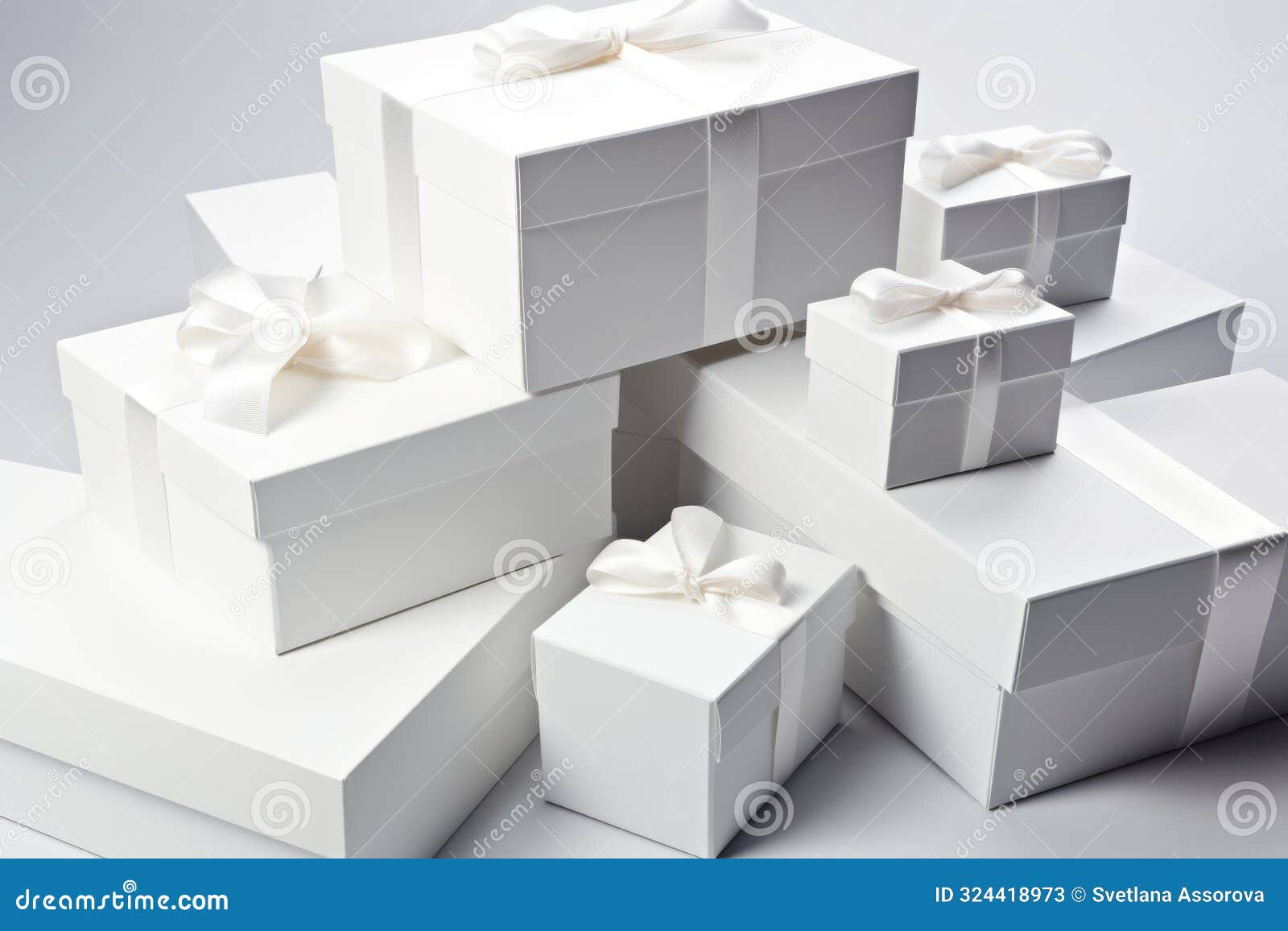 A Collection of White Gift Boxes of Various Sizes, Each Adorned with a ...