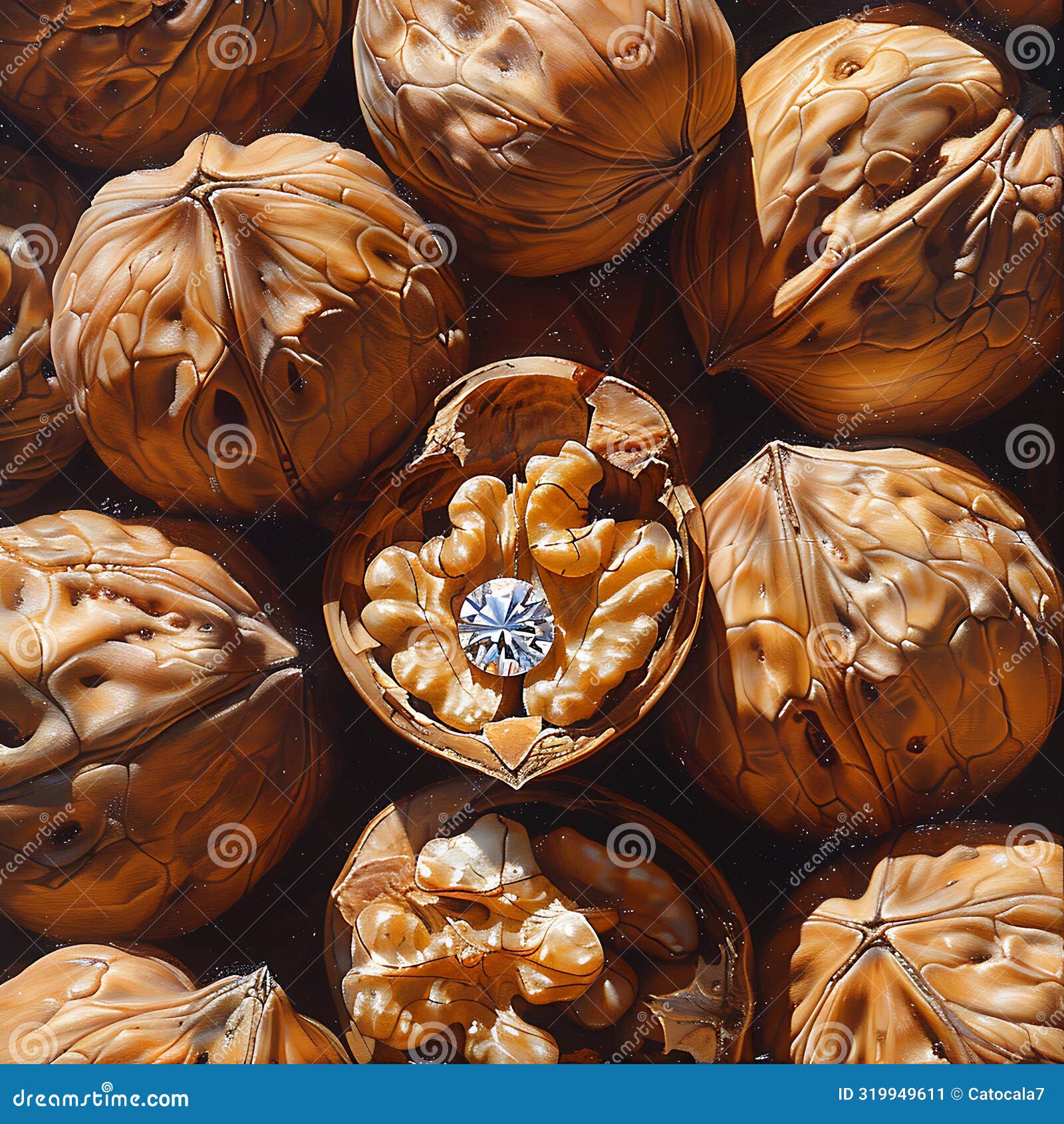 A Collection of Whole Walnuts is Arranged Closely Together, with One ...