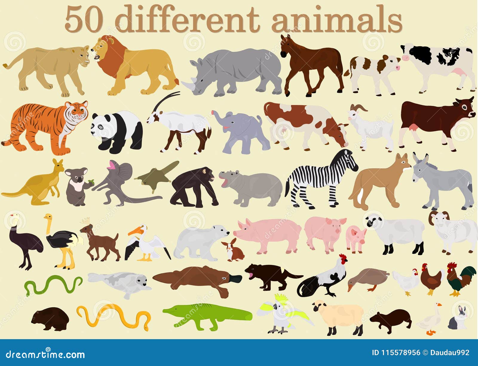 A Large Set of Different Animals on a Light Background Stock Vector ...