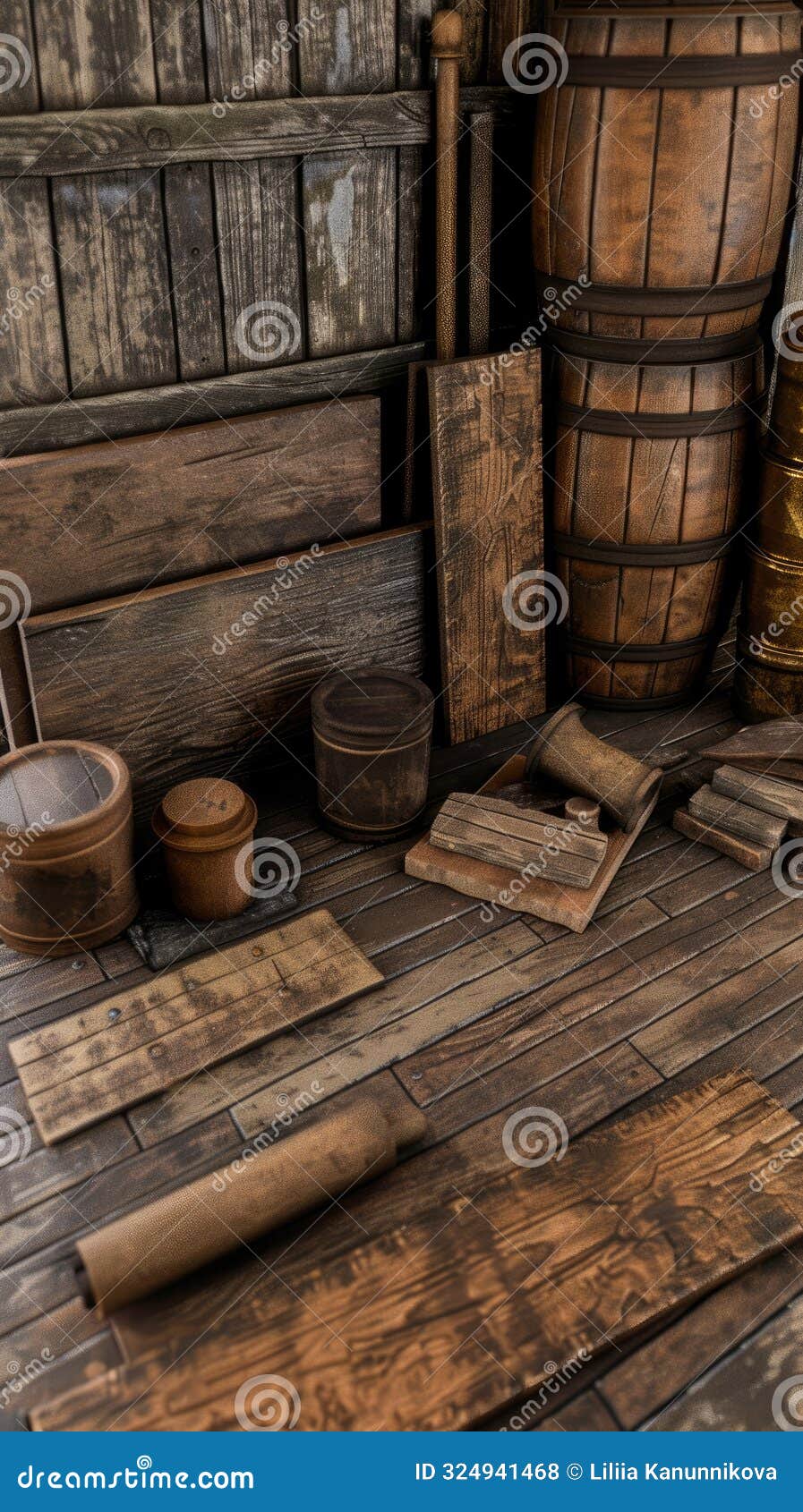 A Collection of Wooden Planks, Barrels, and Tools are Arranged in a ...