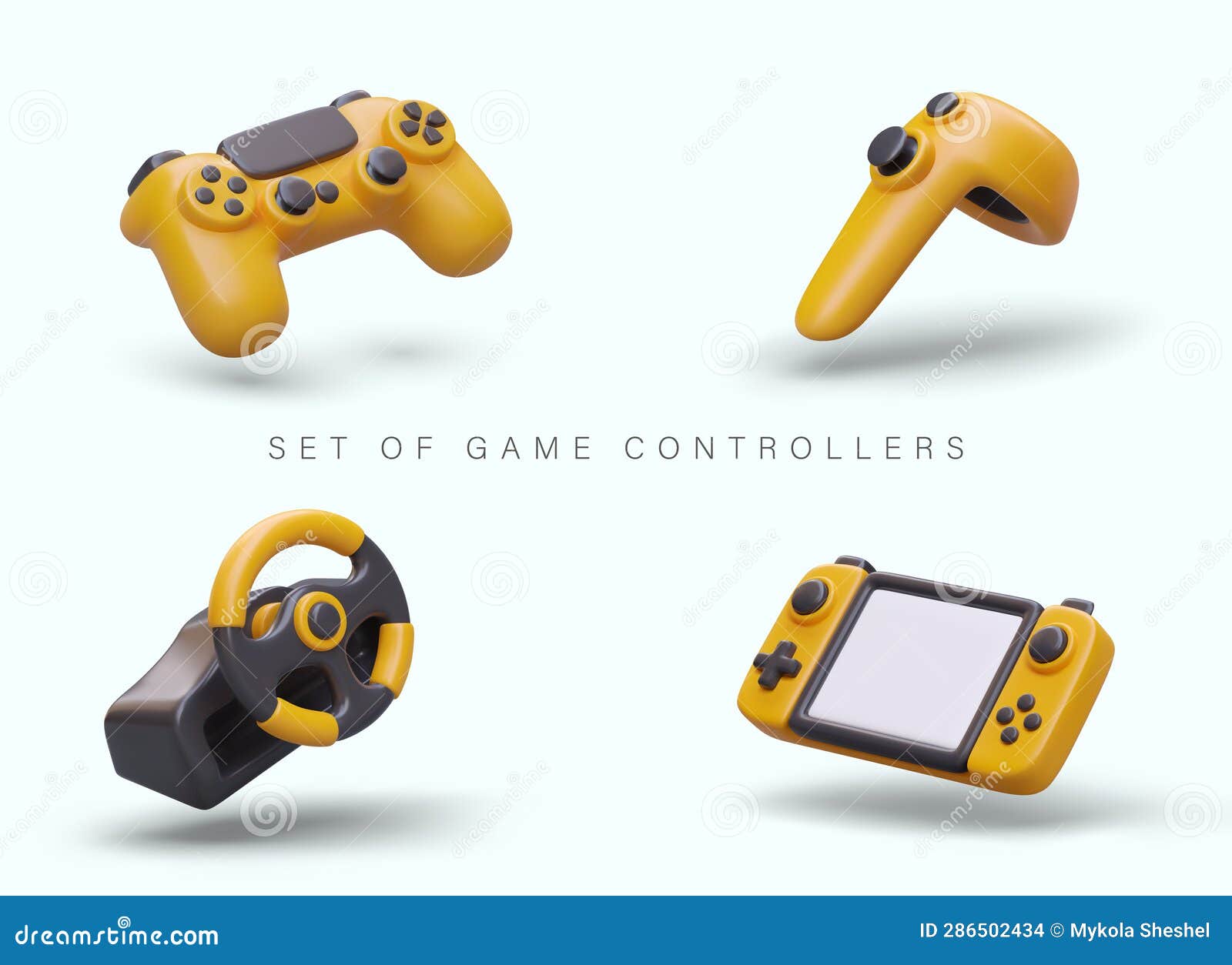 Collection of Yellow Game Controllers. Different Types of Joysticks ...