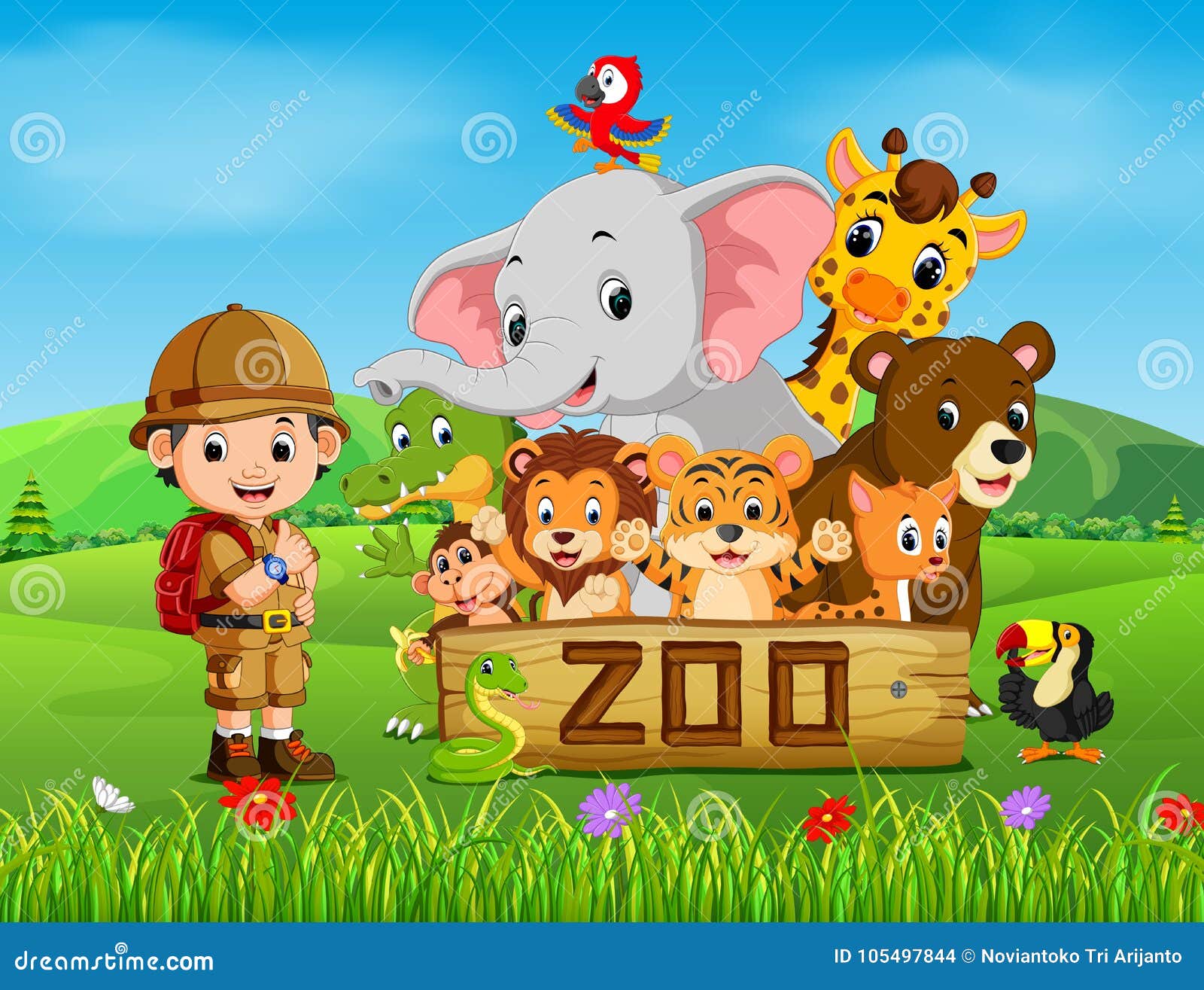 Collection of Zoo Animals with Guide Stock Vector - Illustration of ...