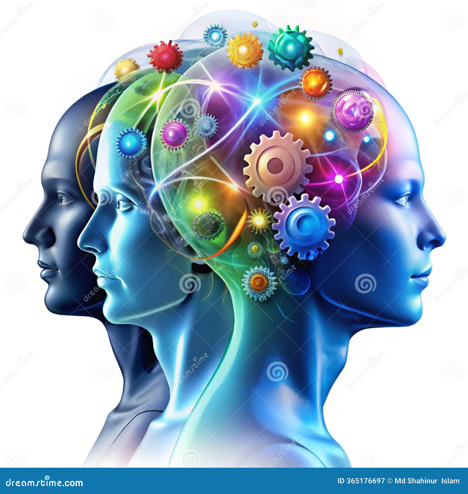 Collective Mind. Brainstorming Concept. Silhouettes Of Heads With Gears ...