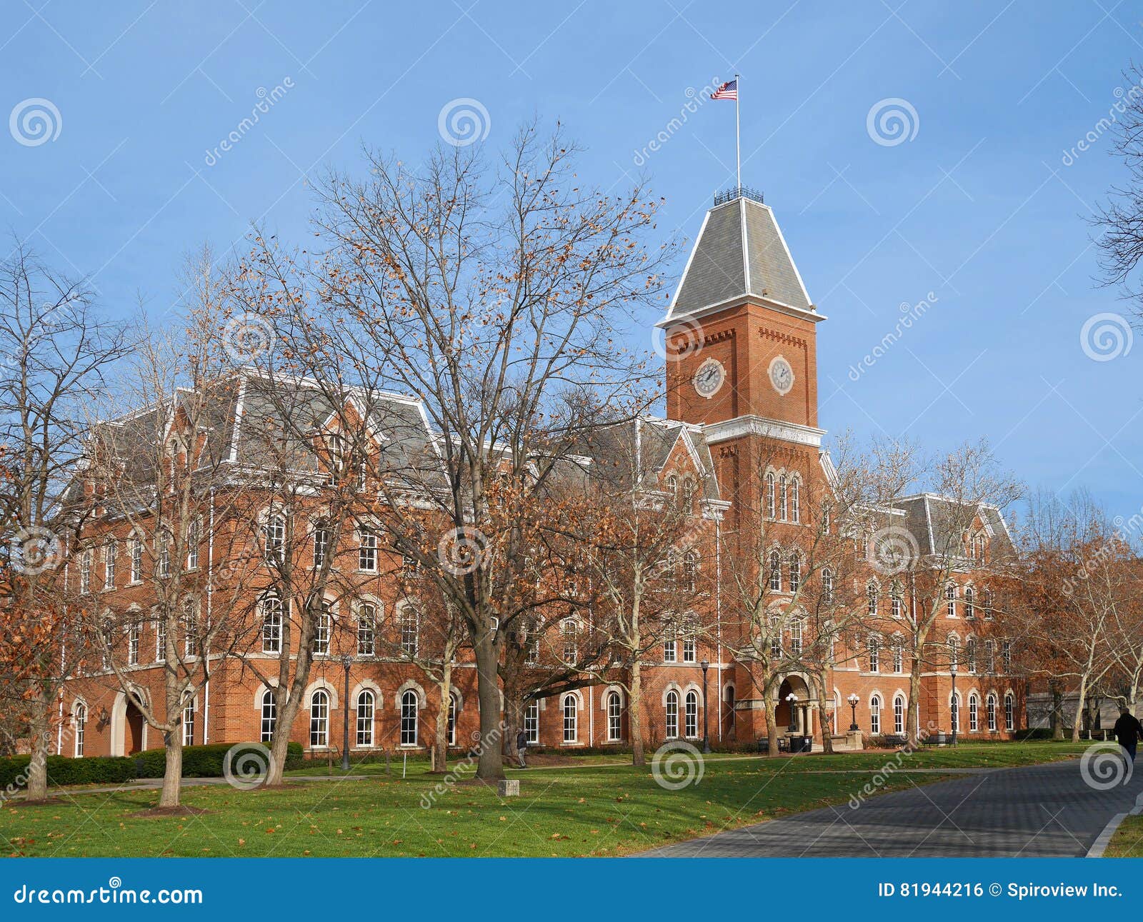 College Campus with Red Brick Buildin Stock Photo - Image of flag ...