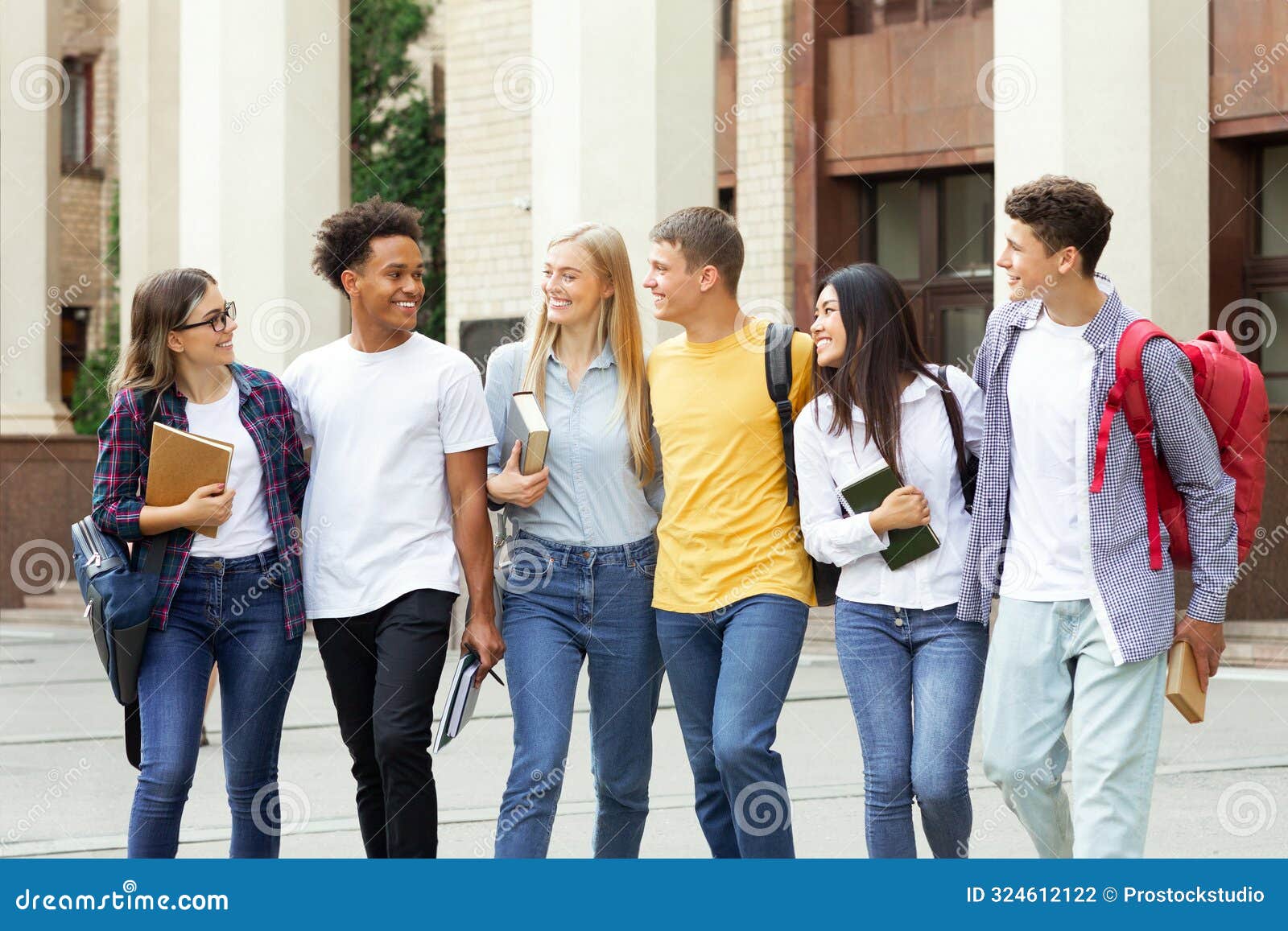 College Classmates Walking Outside in Campus, Panorama Stock Photo ...
