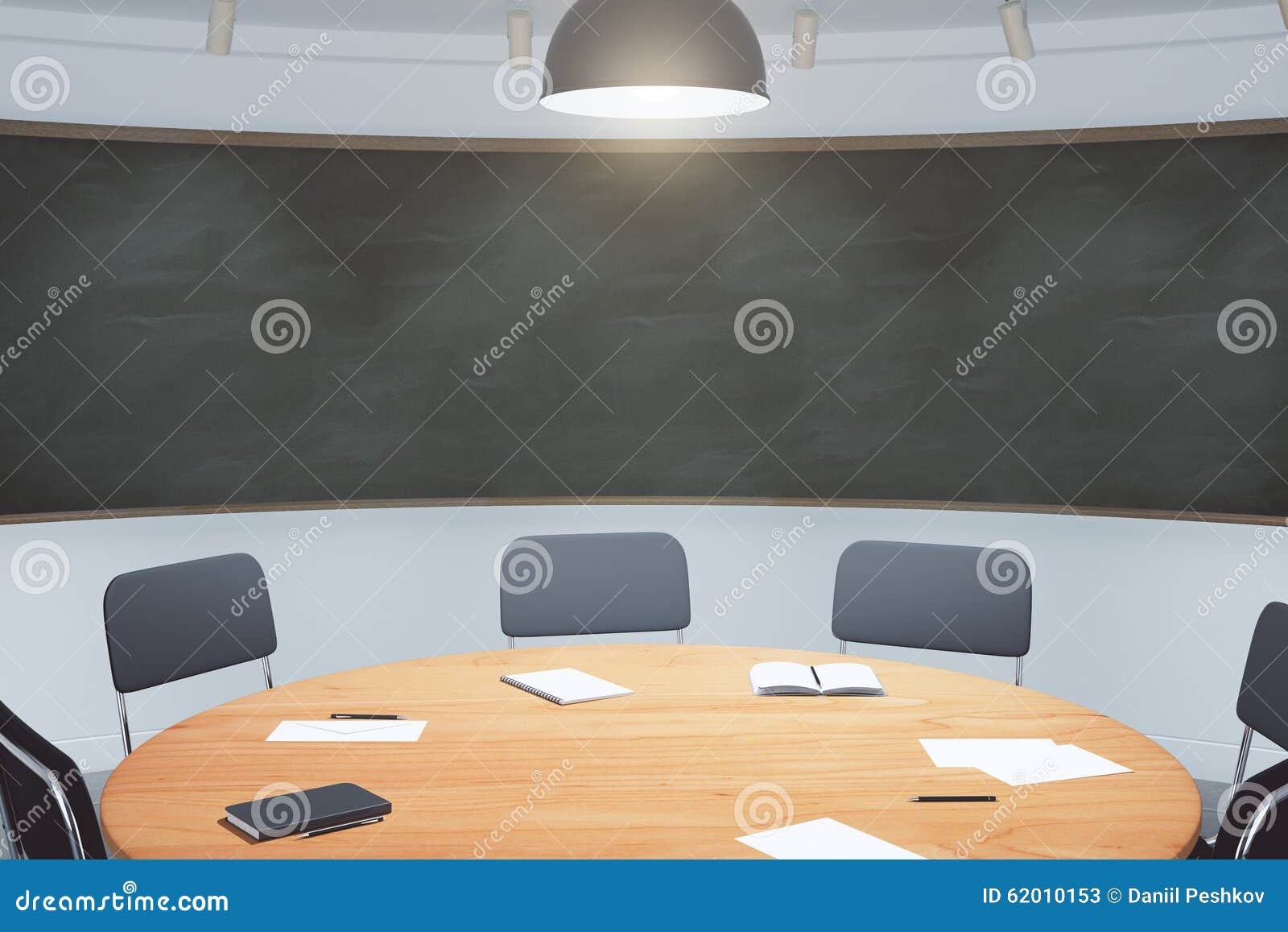 College Classroom with Round Wooden Table and Blackboard Stock ...