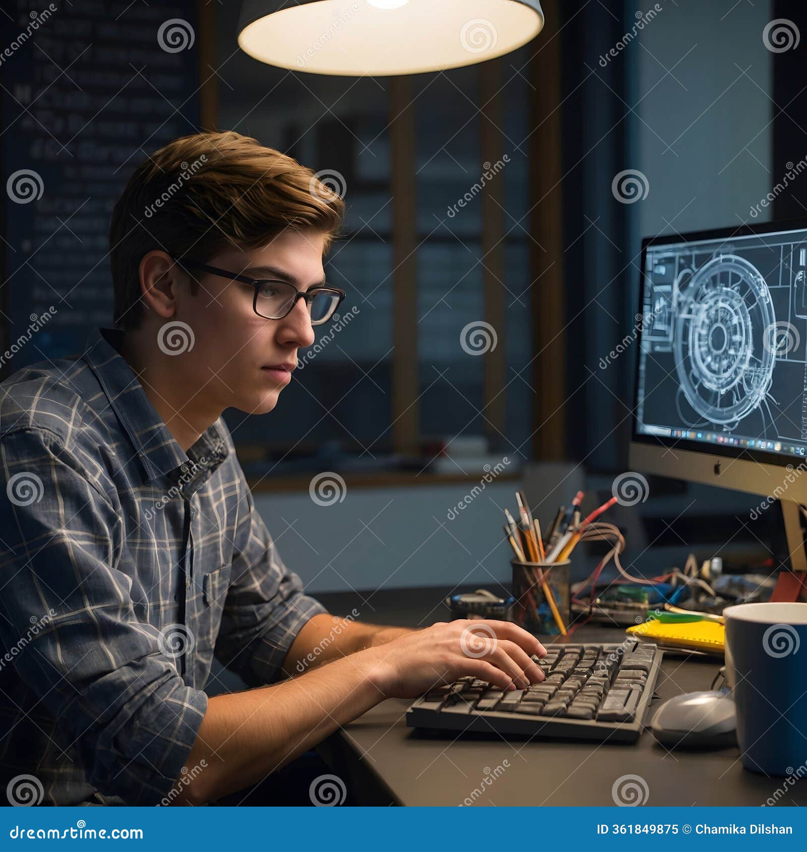 Engineering Student Working on 3D Design with CAD Software in High-Tech ...