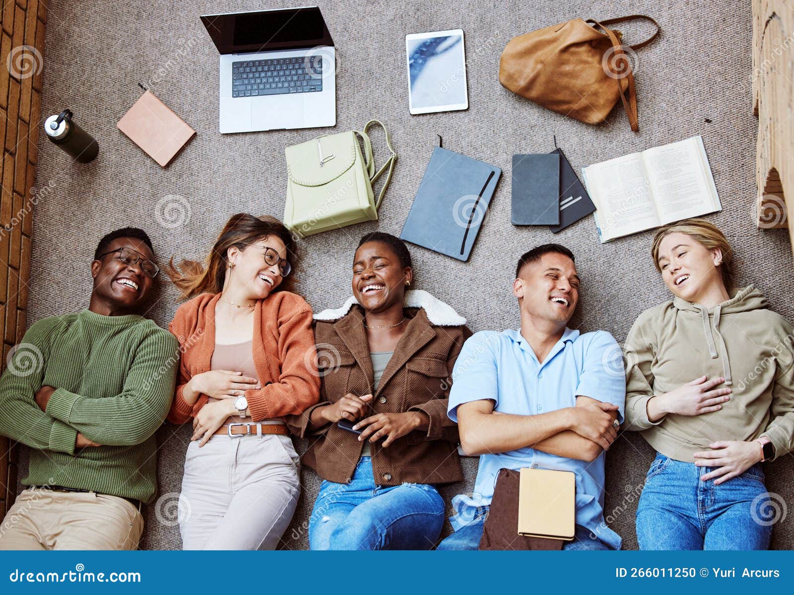 College Floor, Diversity and Laughing Students Relax after Group Project, Research Education ...