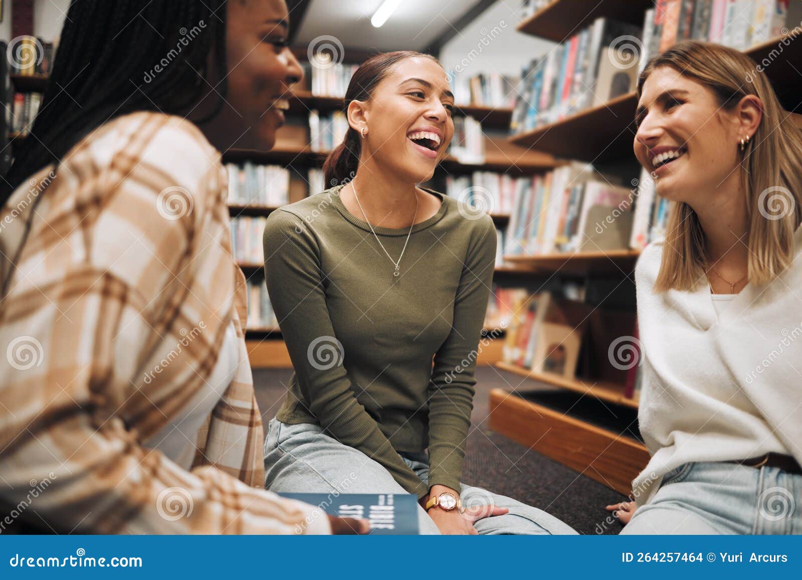 College Friends, Library and Together To Study while Talking about Book ...