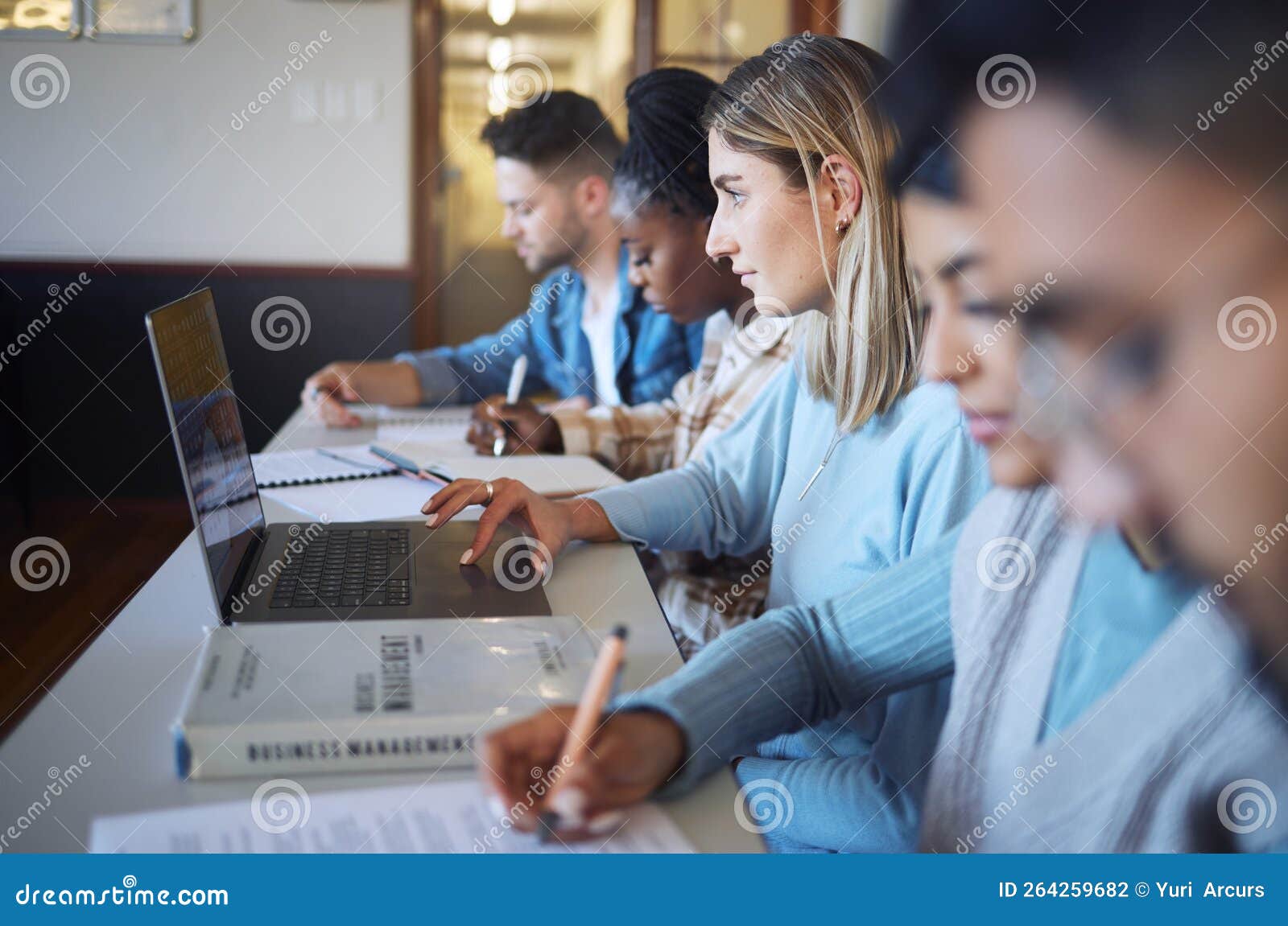 College, Laptop and Students in Classroom Lecture for Learning ...