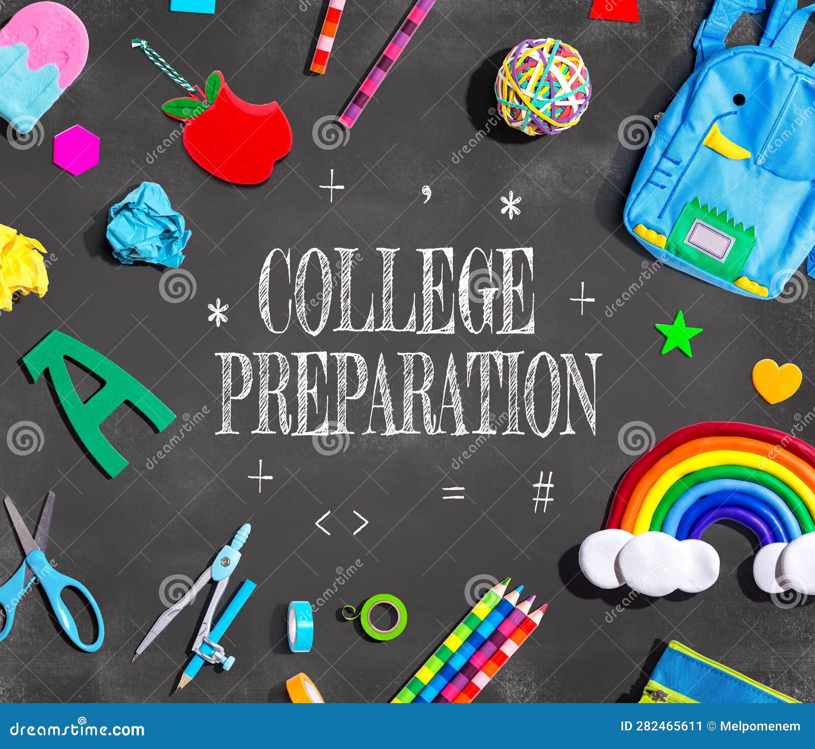 College Preparation Theme with School Supplies on a Chalkboard Stock ...