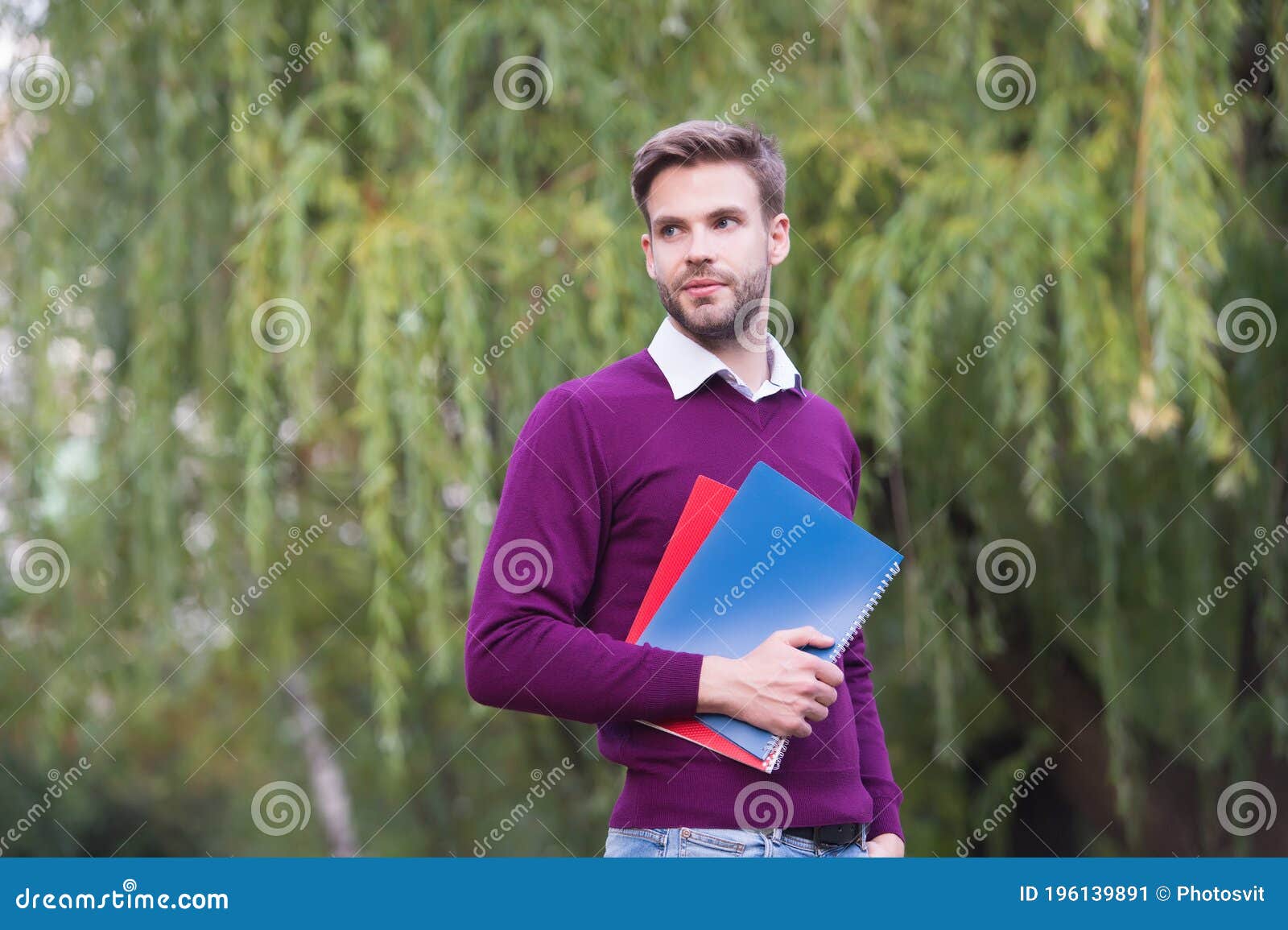 College Student Guy Study with Notebook Outdoor Preparing for Exam and ...