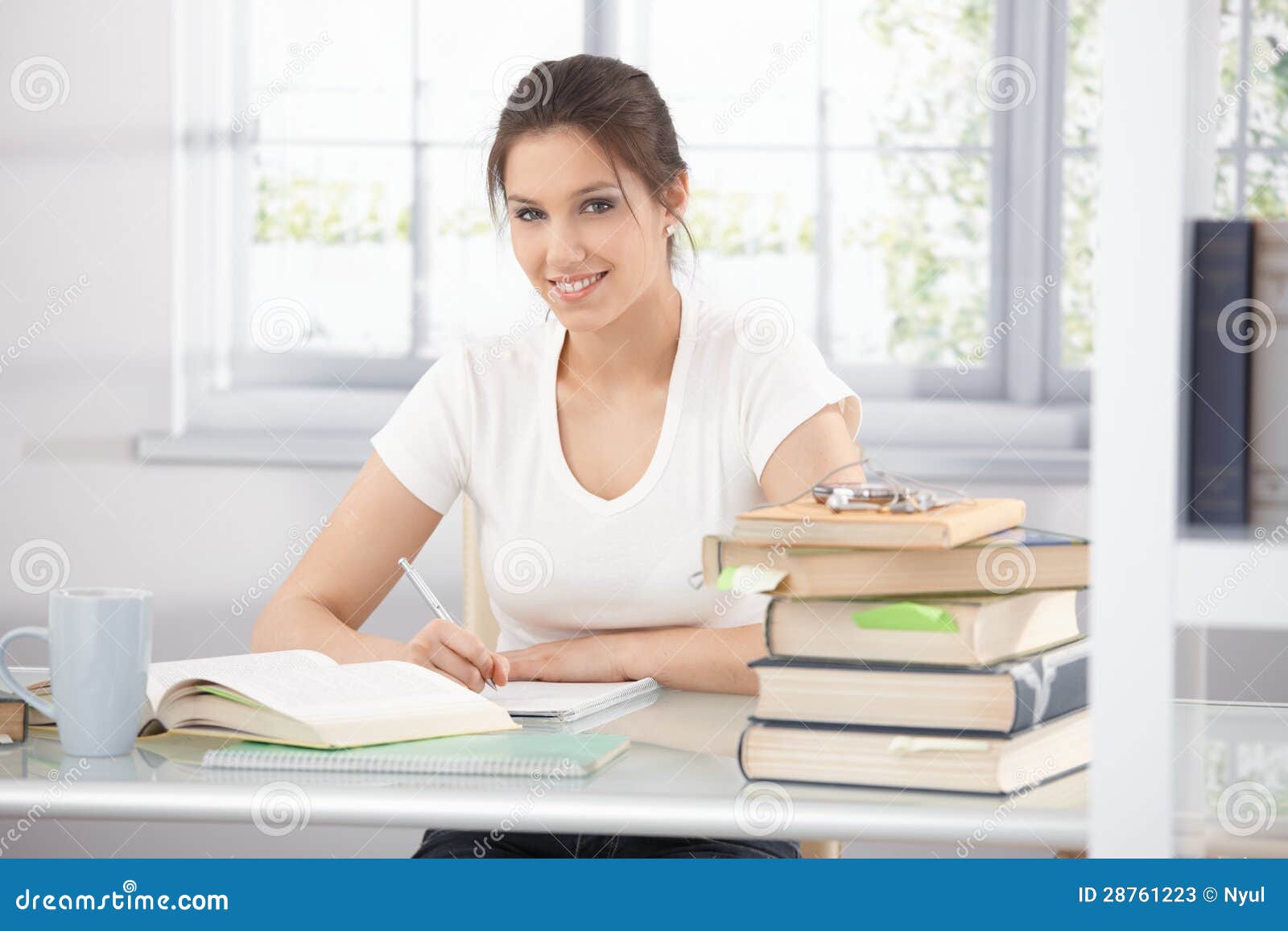 College Student Learning at Home Smiling Stock Image - Image of alone ...