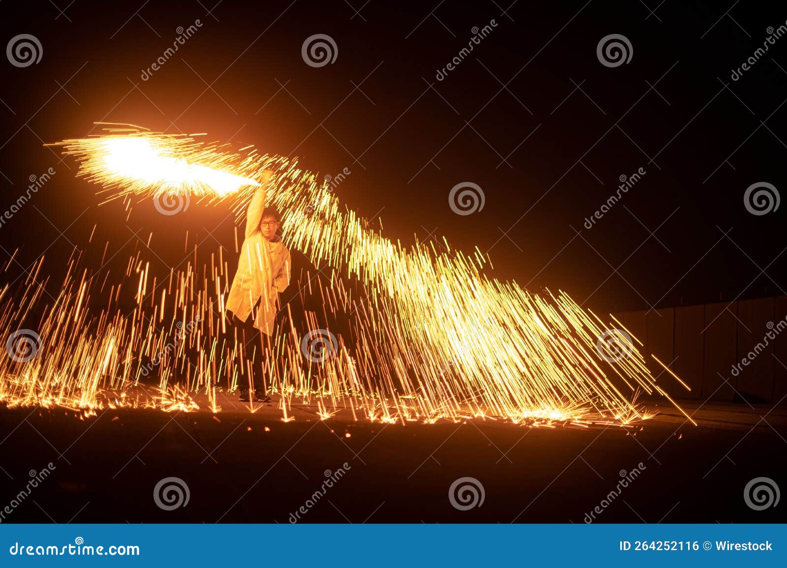 College Student Spinning Sparks during a Fire Performance at Night ...
