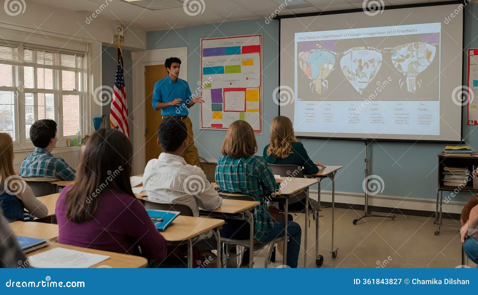 College Student Giving Presentation in Classroom with Projector and ...