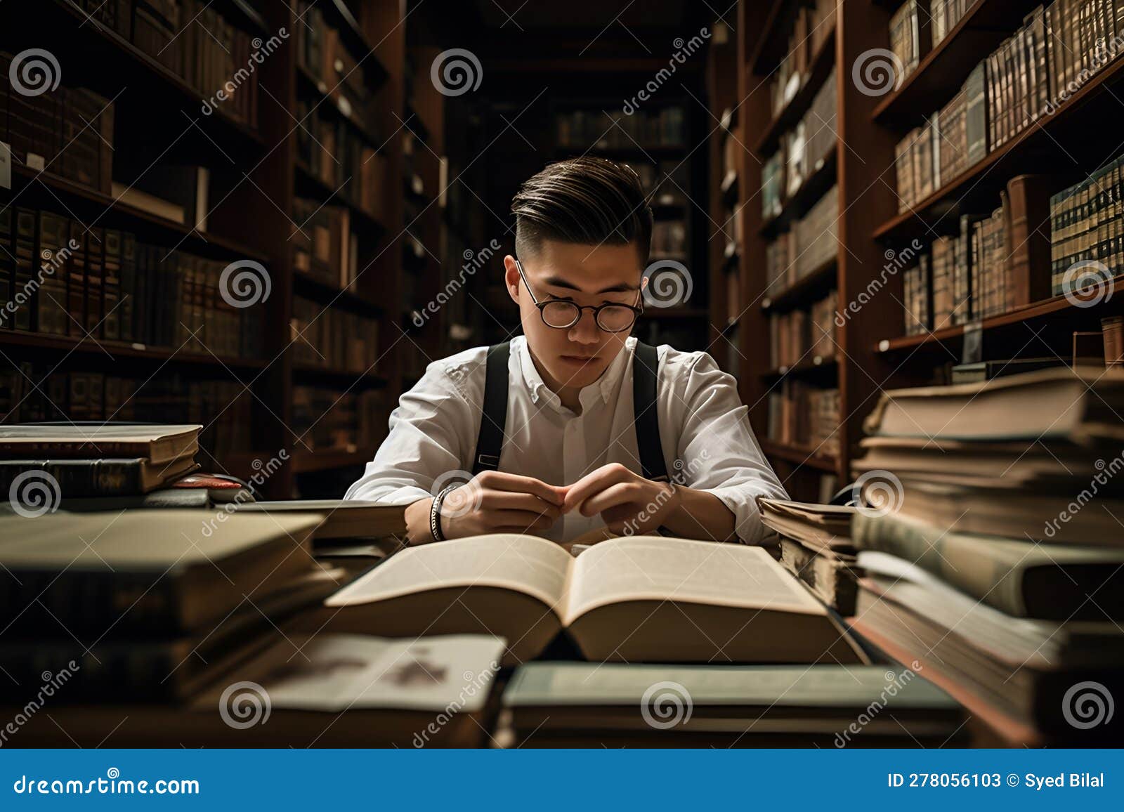 A College Student Studying in a Library, Surrounded by Books and ...