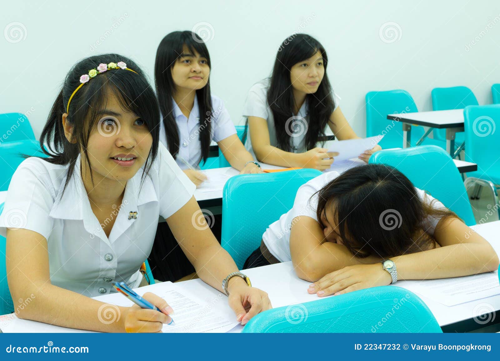 College Student in Uniform Sleeping in Classroom Stock Photo - Image of ...