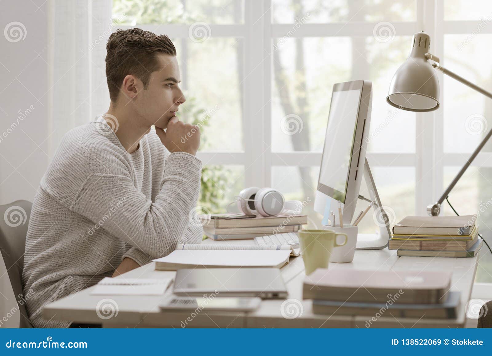 College Student Using Computer at Home Stock Image - Image of interior ...