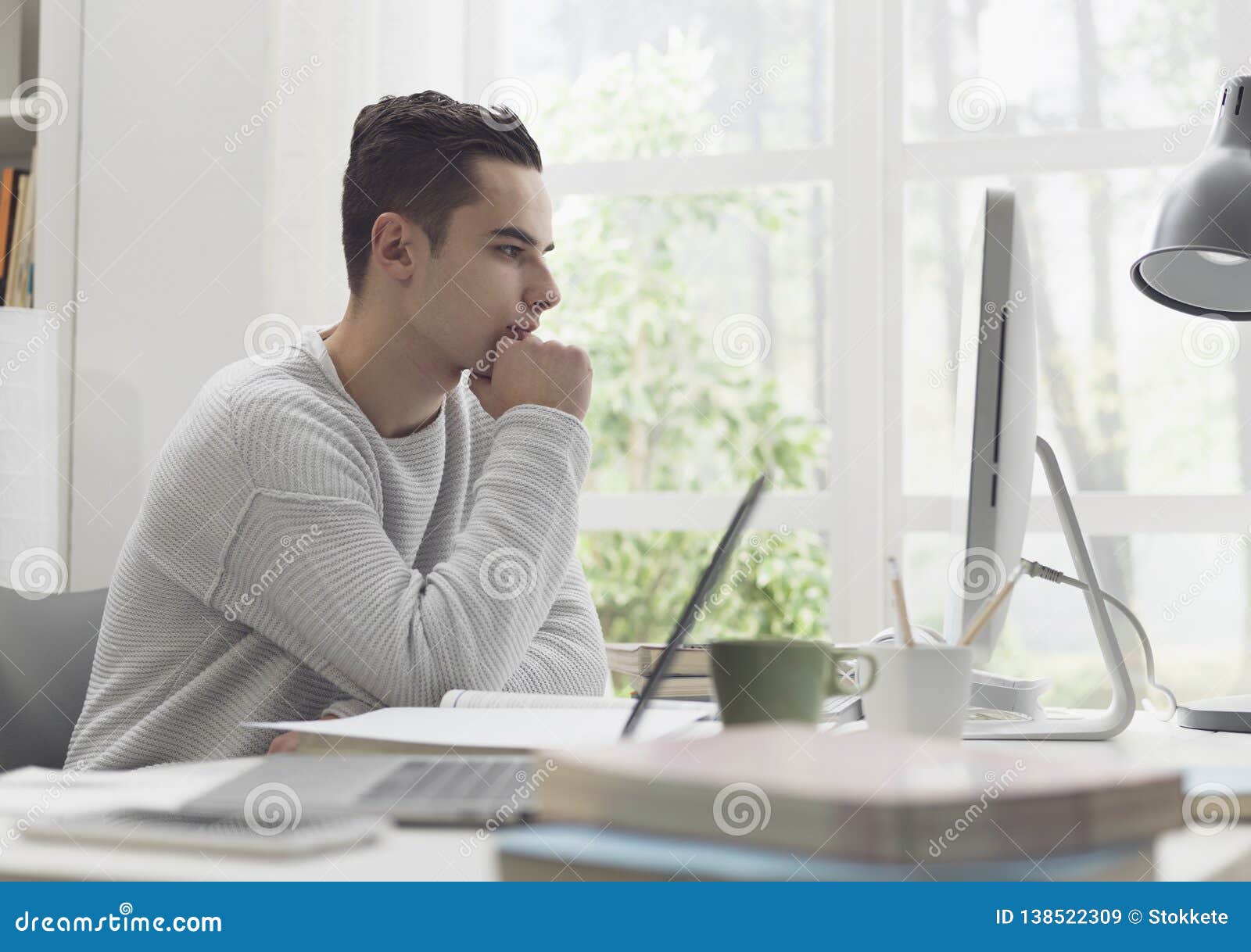 College Student Using Computer at Home Stock Image - Image of desk ...