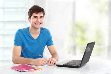 College Student Using His Laptop Stock Image - Image of book, happy ...