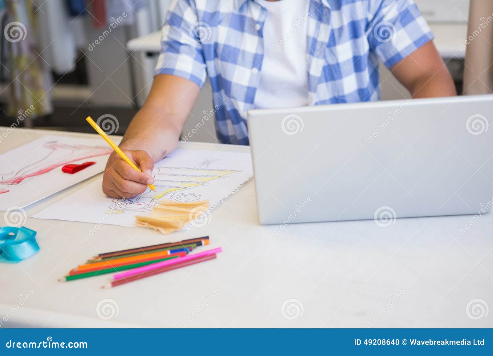 College Student Using Laptop while Drawing Picture Stock Photo - Image ...