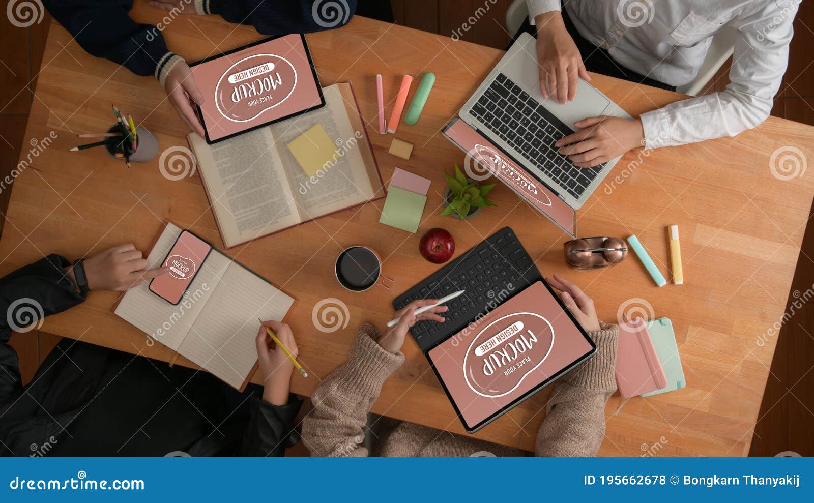 College Students Doing Group Assignment with Mock Up Digital Devices ...