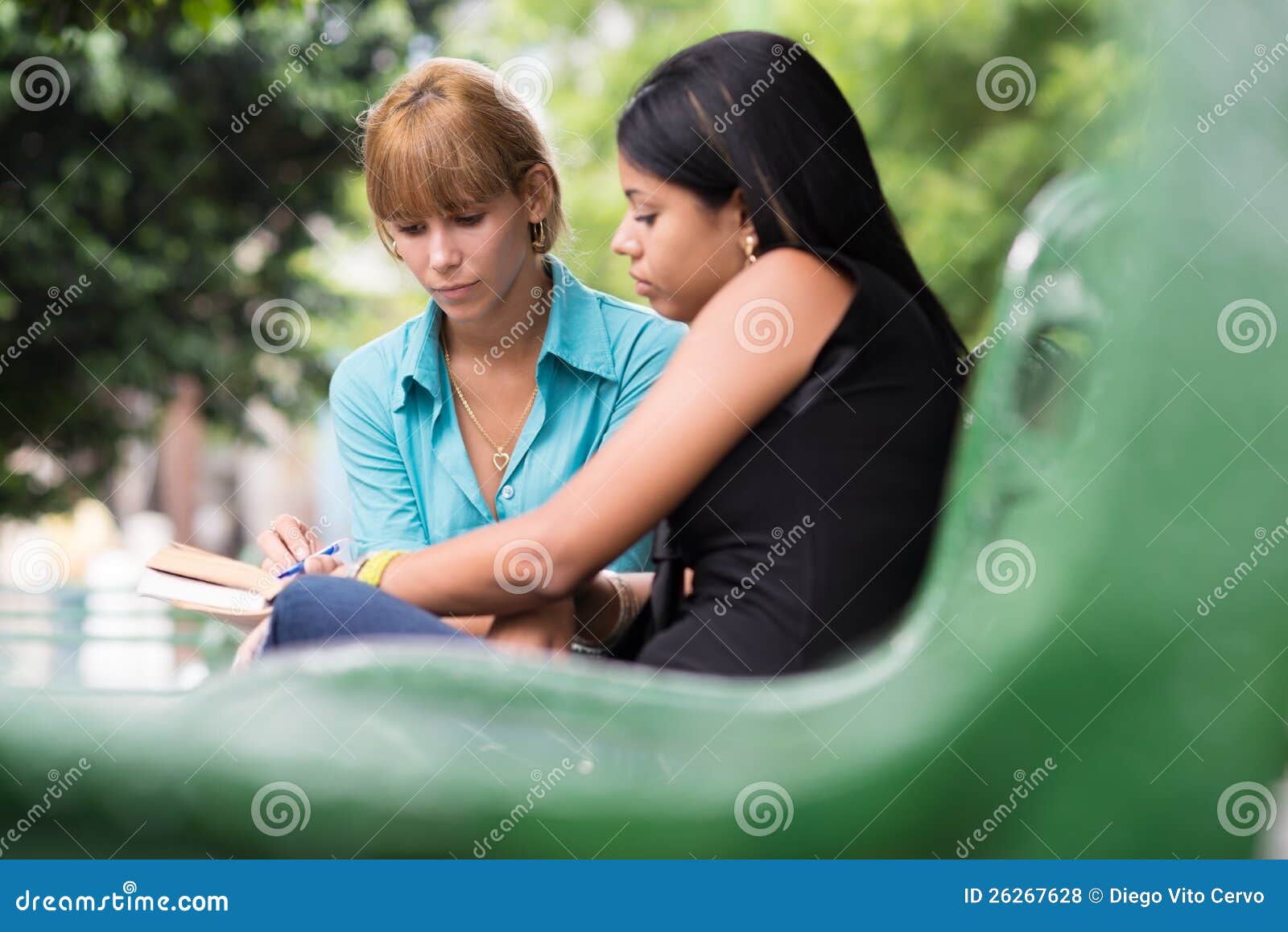 College Students Studying on Textbook in Park Stock Photo - Image of ...