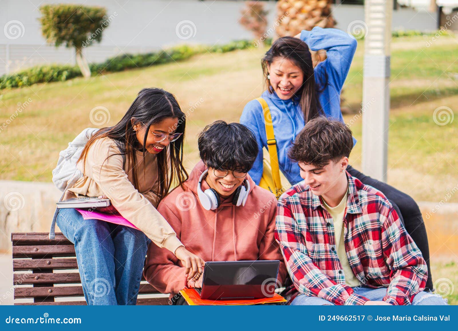 College Students Using Laptop in the Campus, Studying Together Stock ...