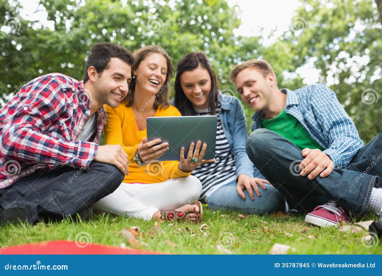 College Students Using Tablet PC in Park Stock Image - Image of lawn ...
