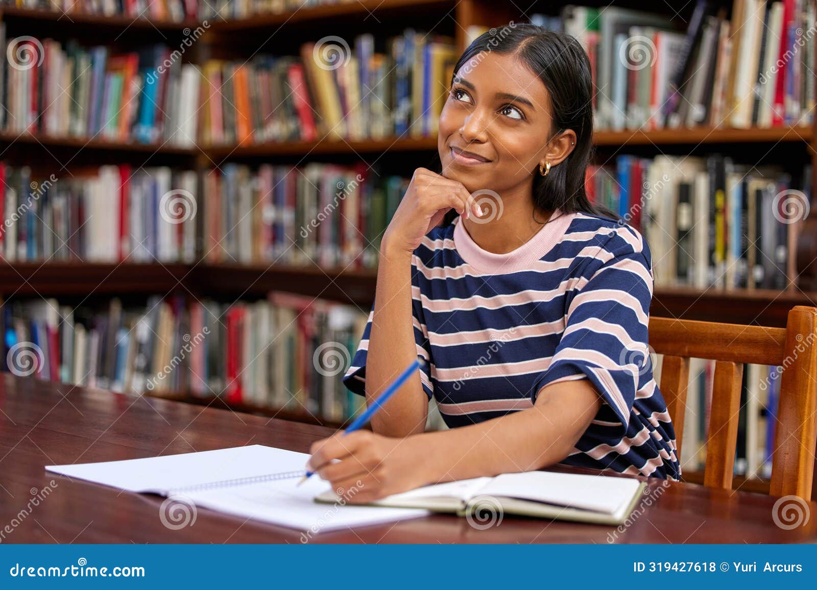 College, Thinking and Woman Student in Library with Notebook for ...