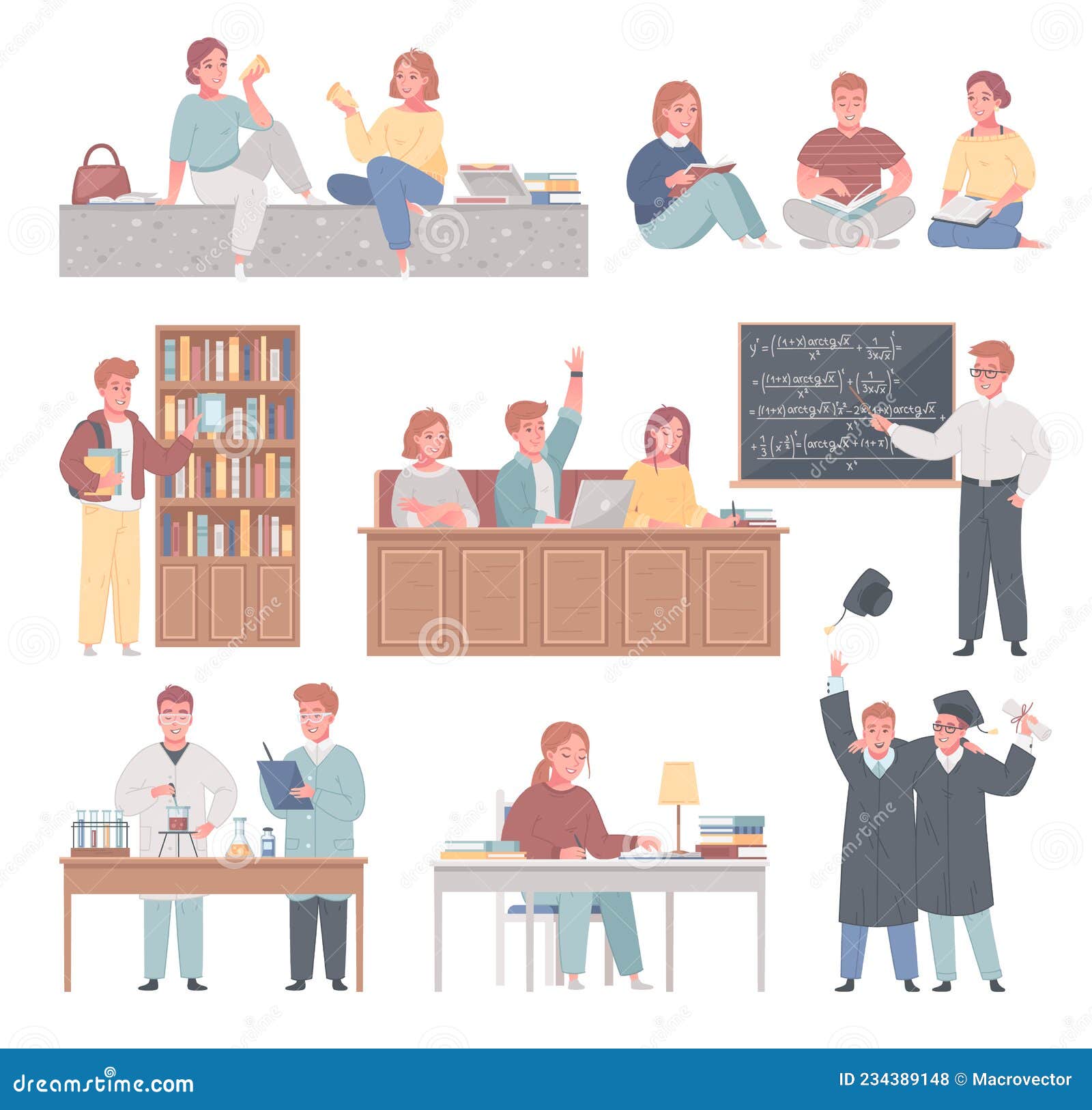 College University Cartoon Set Stock Vector - Illustration of laptop ...