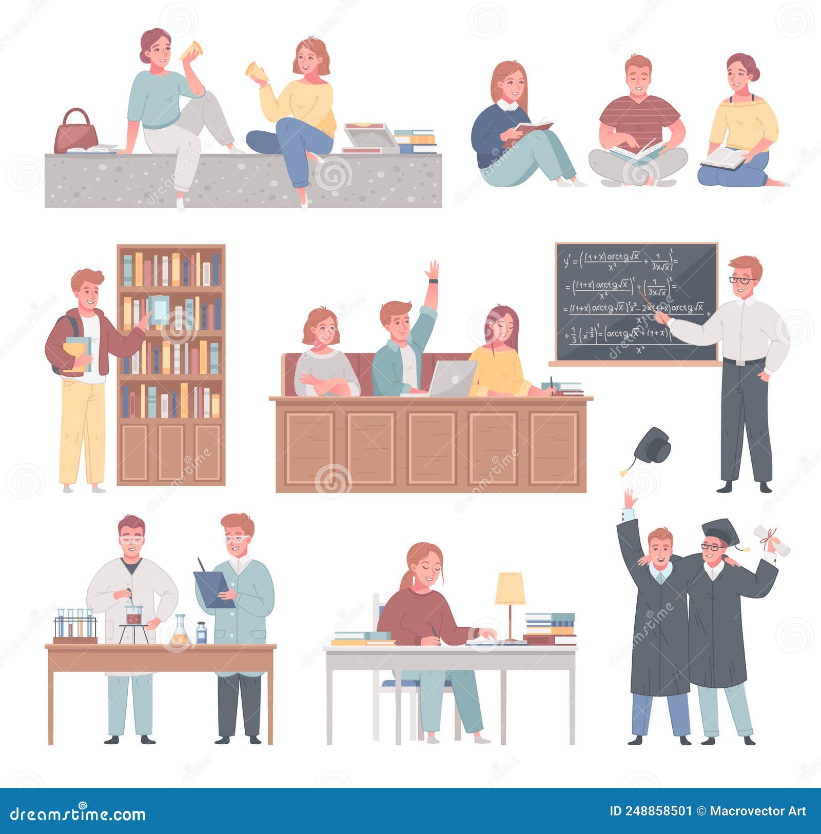 College University Cartoon Set Stock Vector - Illustration of class ...
