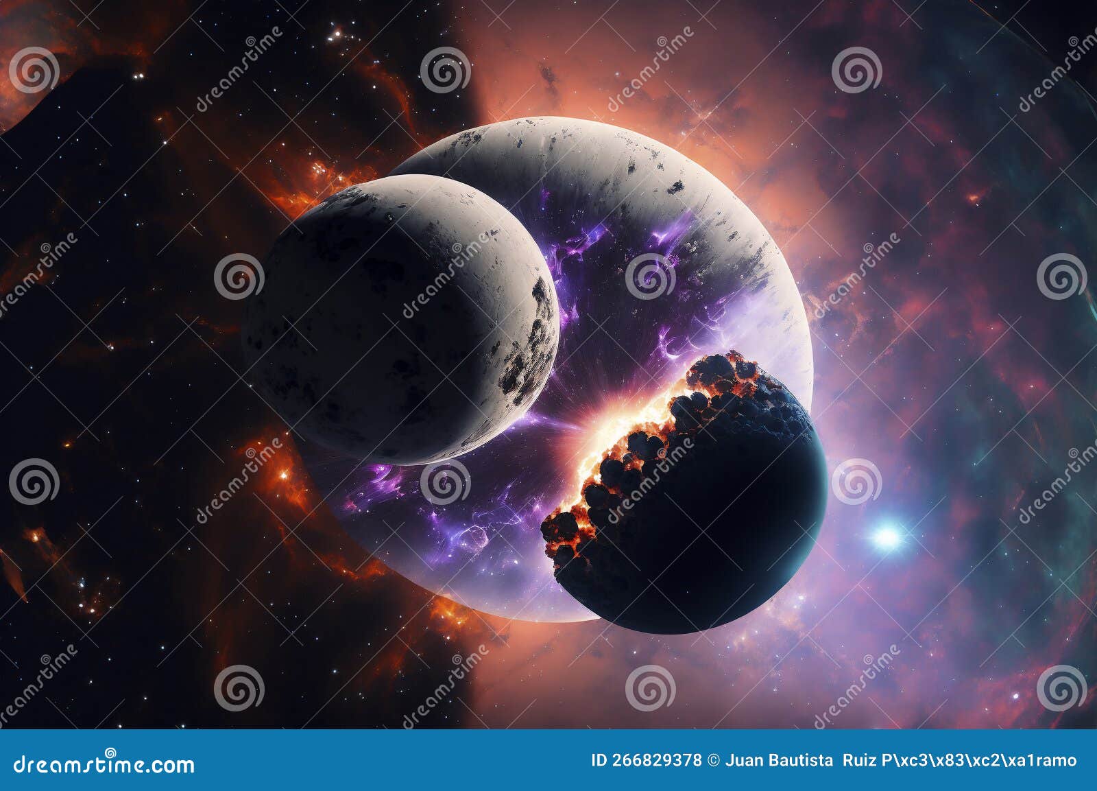 Collision of Planets in Space. Explosion and Flash. Created with ...