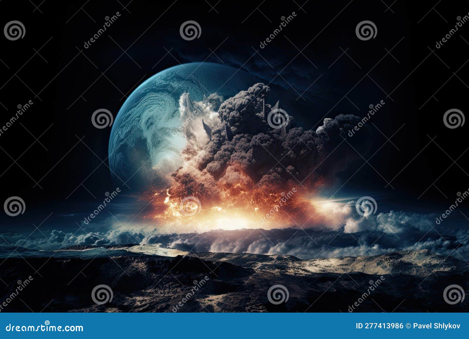 Collision of Planets in Space. Global Catastrophe on Earth, View from ...