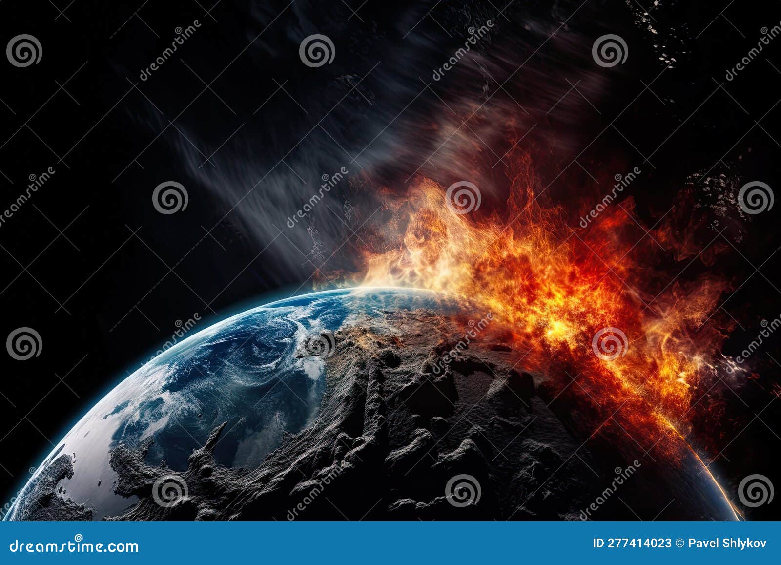 Collision of Planets in Space. Global Catastrophe on Earth, View from ...