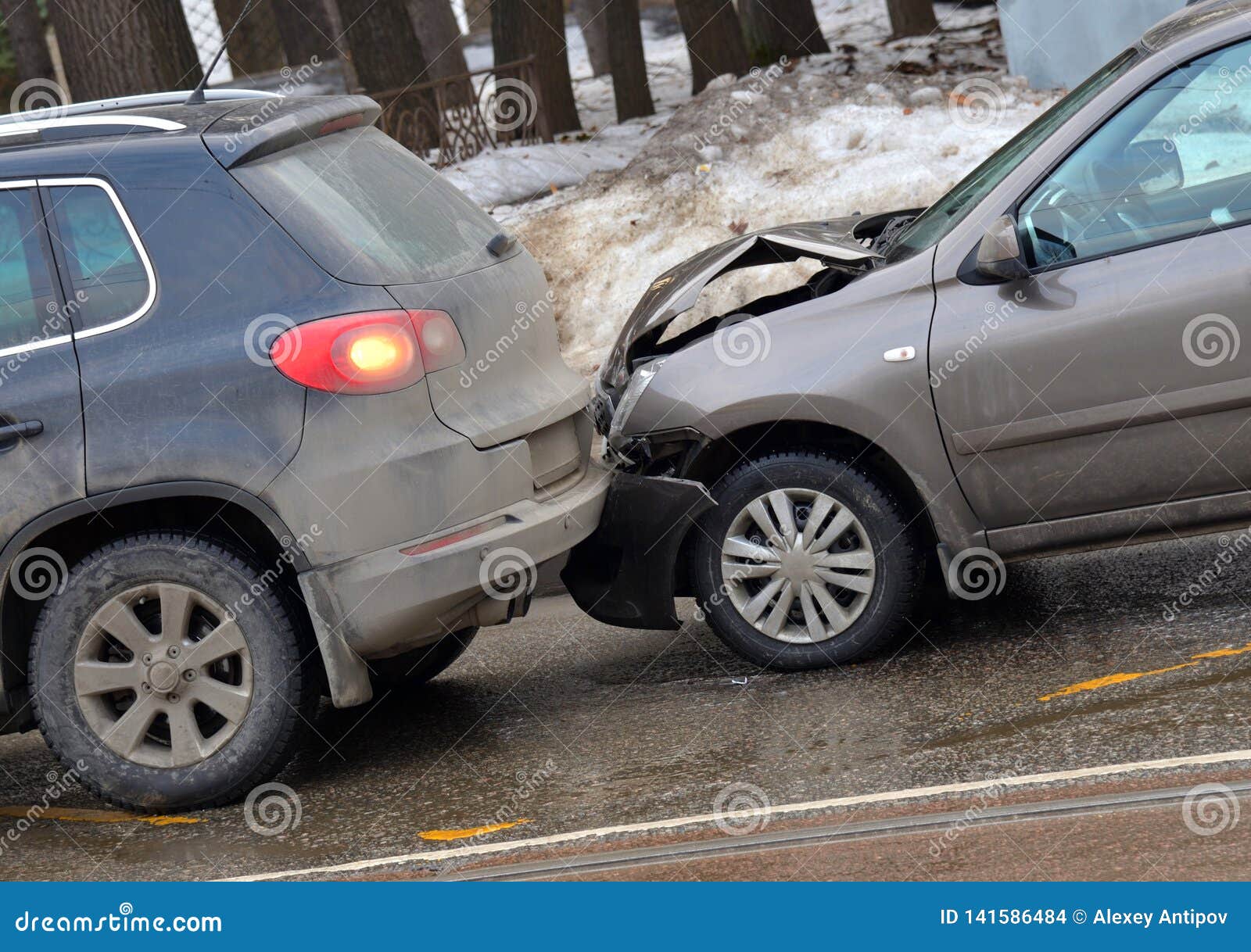 Collision of Two Cars on Road in Winter Stock Photo - Image of detail ...