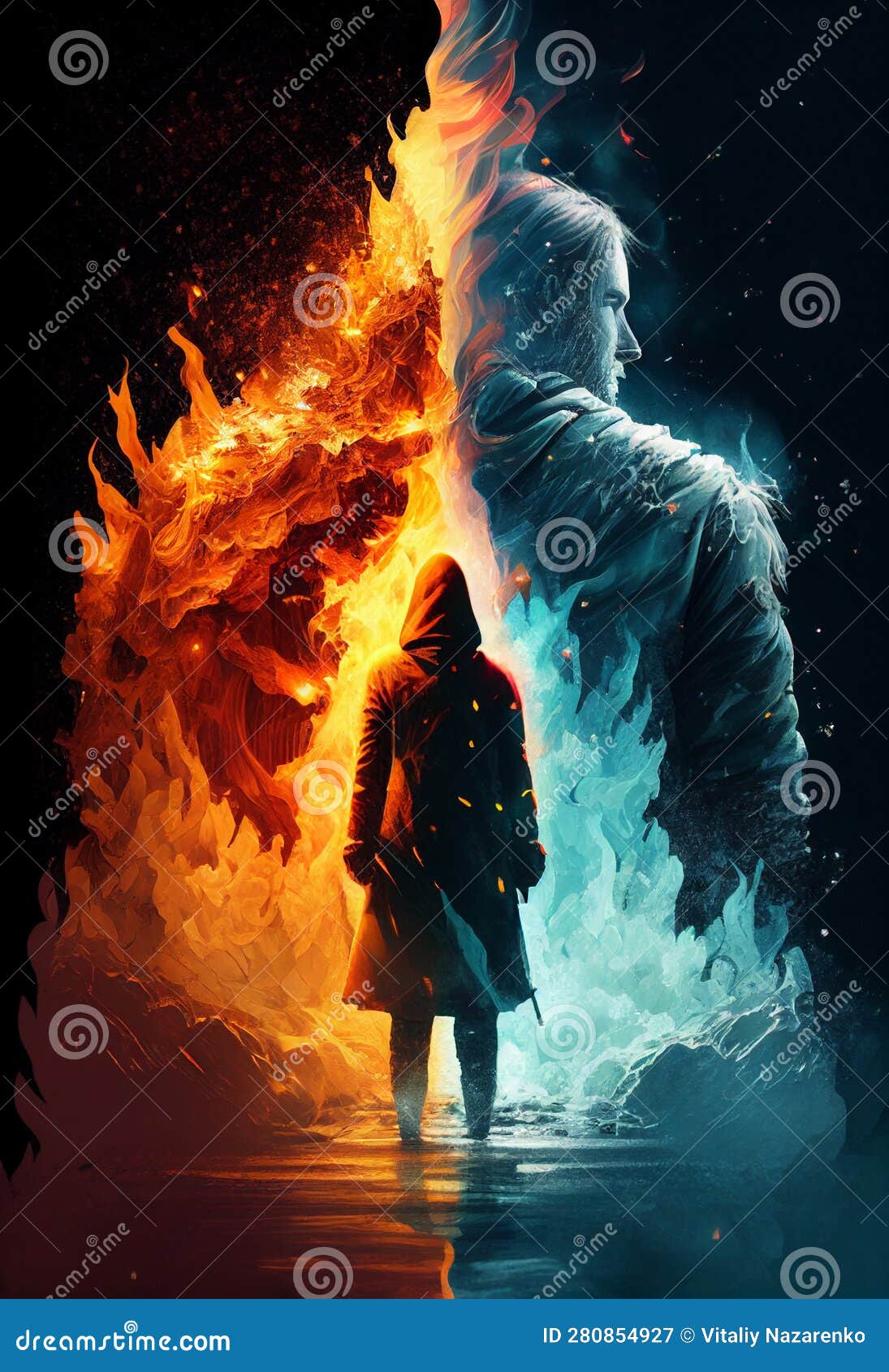 Collision of Two Elements - Water and Fire. Genarated AI Stock ...