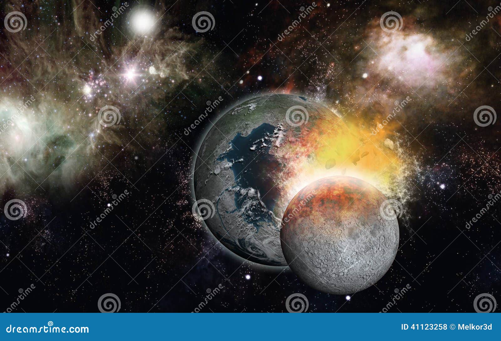 Collision of two planets stock illustration. Illustration of moon ...