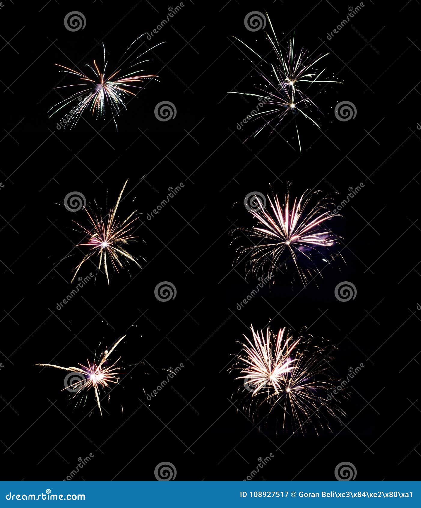 Colllage or Collection of Different Fireworks Isolated on Black Stock ...