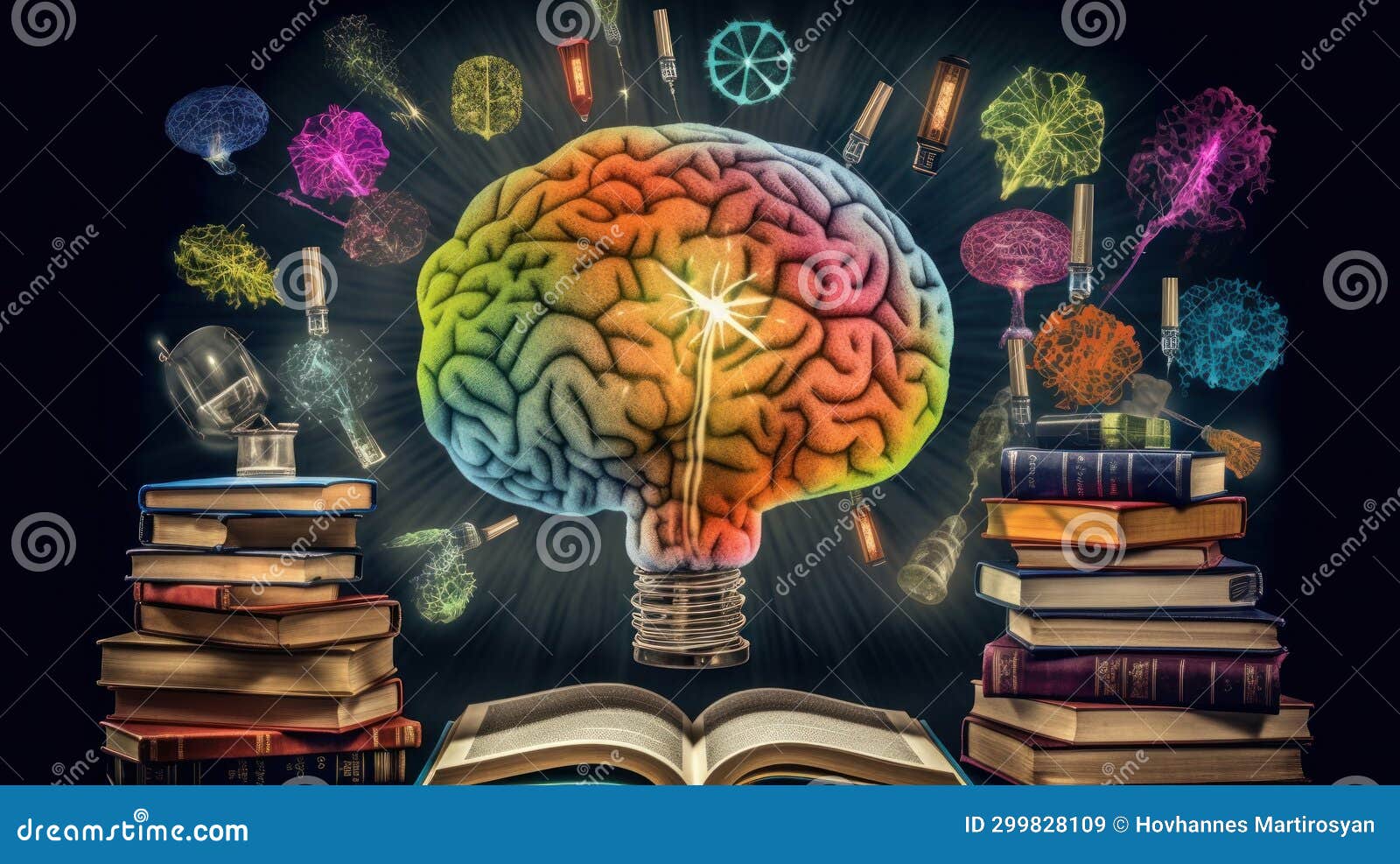 Collage with Books, Cogs, Light Bulb Brain. Learning, Education Concept ...