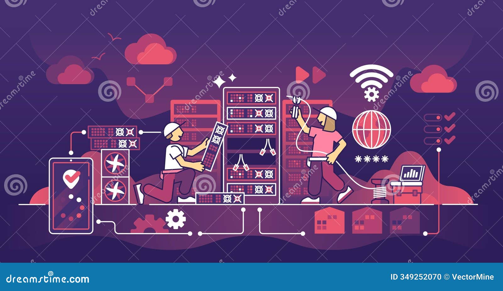 Colocation Concept with Servers, Technicians, and Network Icons. Dark ...