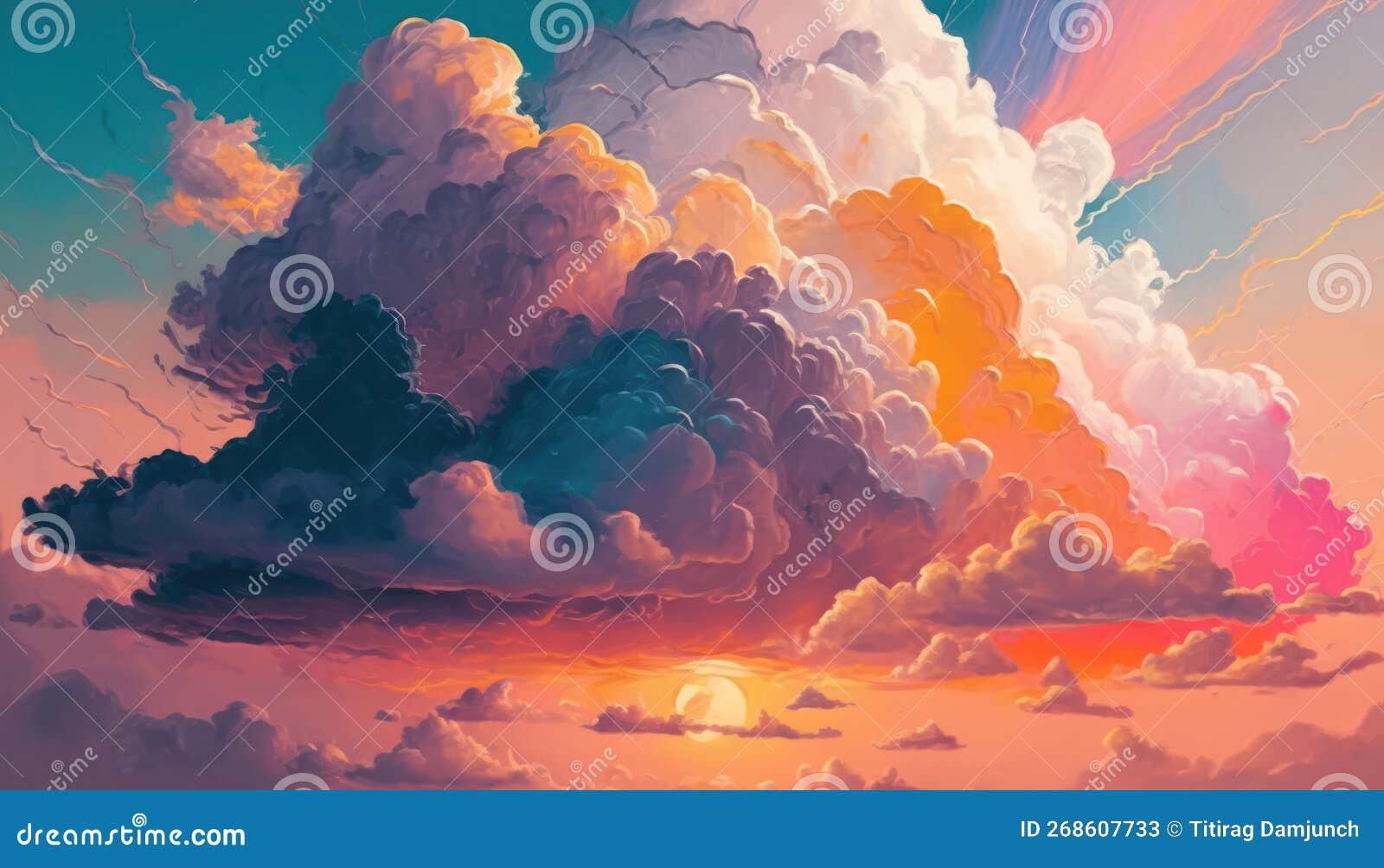 Coloful Twilling Sunset Sky with Cloudscape Drawing Background ...