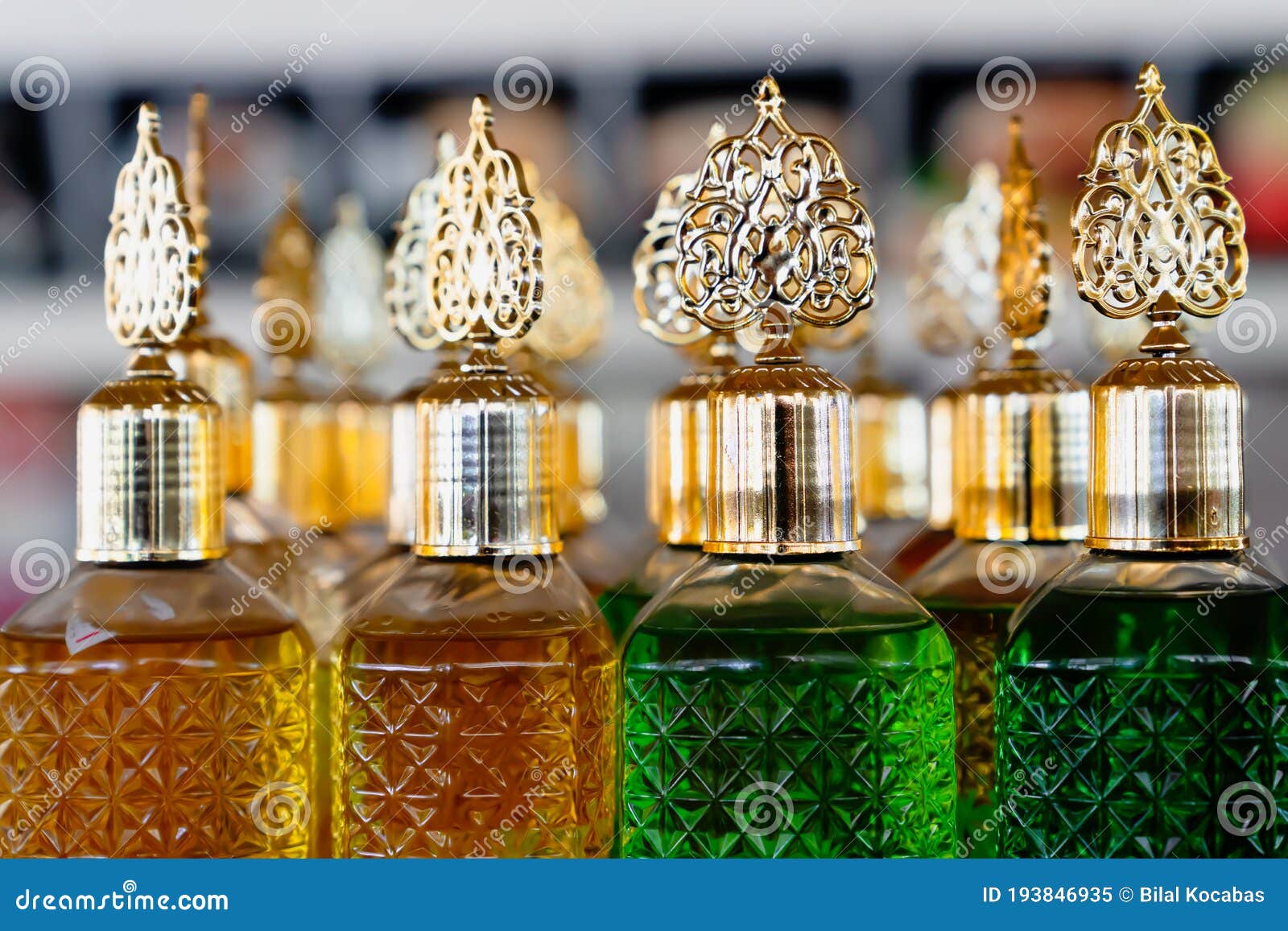 Cologne Bottles of Different Colors are Sold at the Market Stock Image ...