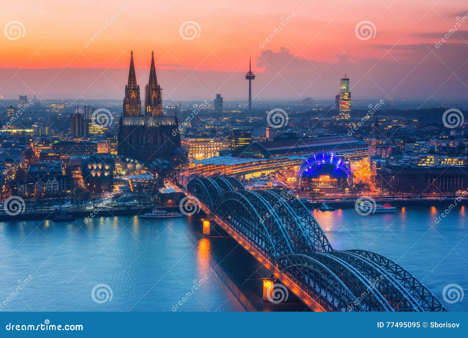 Cologne at dusk stock image. Image of central, innenstadt - 77495095