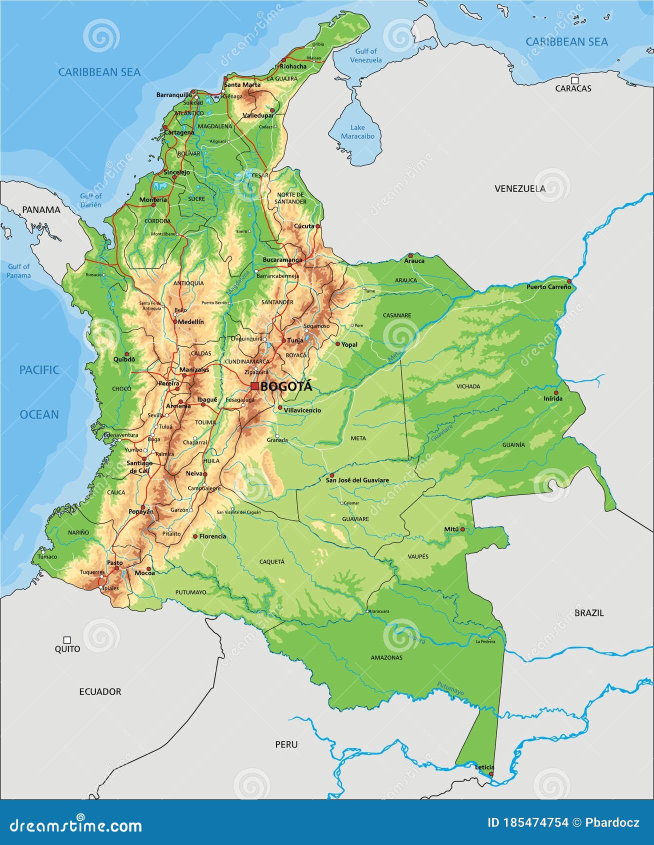 High Detailed Colombia Physical Map with Labeling. Stock Vector ...