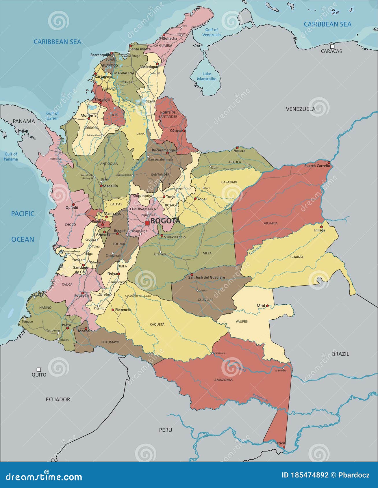 Colombia Editable Blank Vector Map Contour. Administrative Divisions Of ...