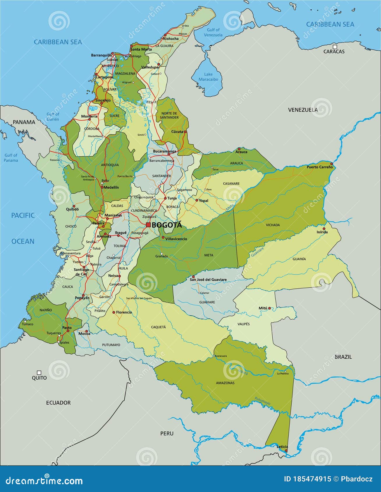 Colombia Editable Blank Vector Map Contour. Administrative Divisions Of ...