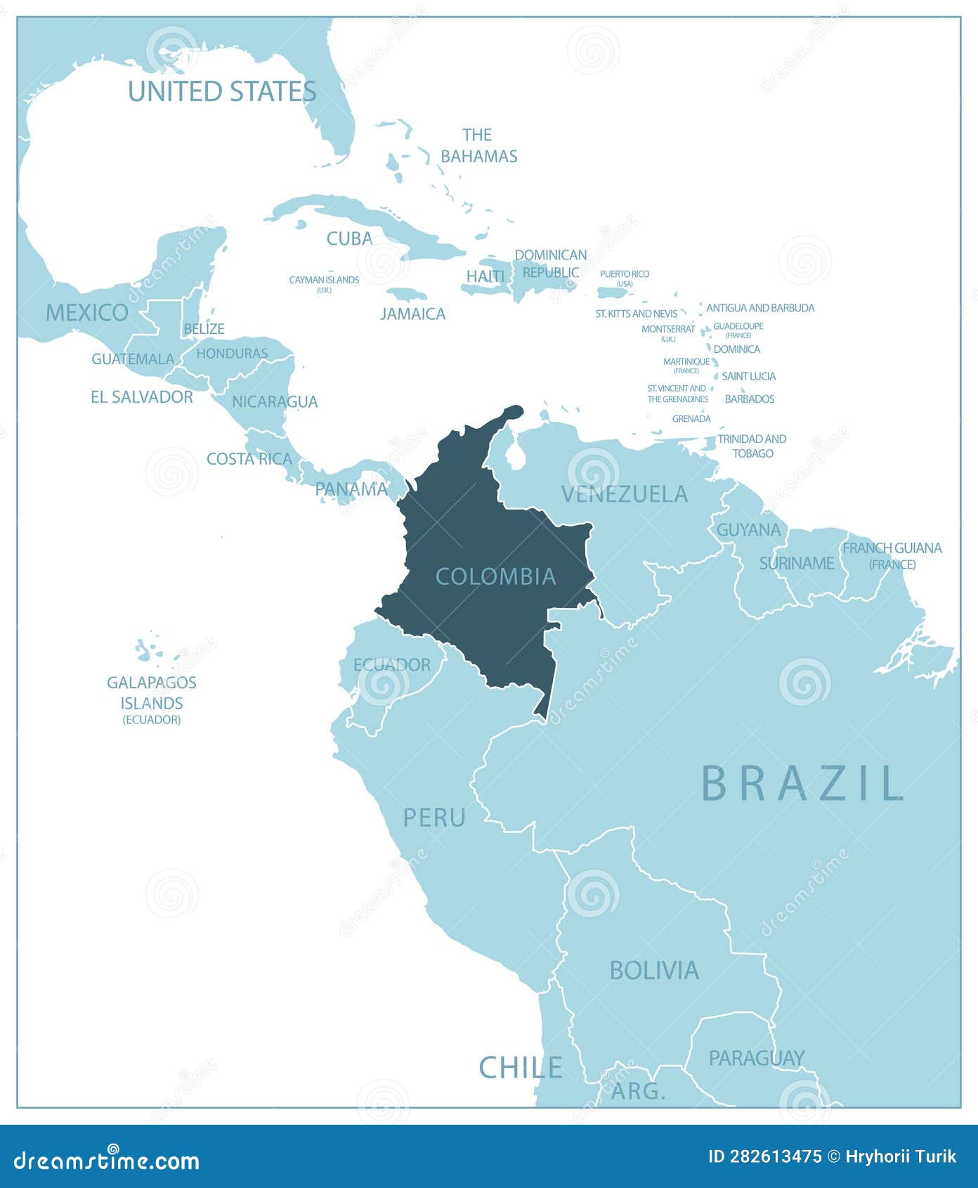 Colombia - Blue Map with Neighboring Countries and Names Stock ...