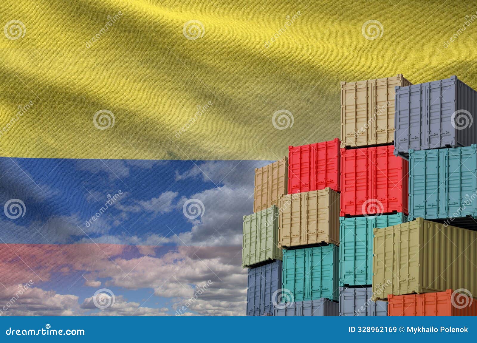Colombia Flag and Big Stack of Shipping Cargo Containers in Docks with ...